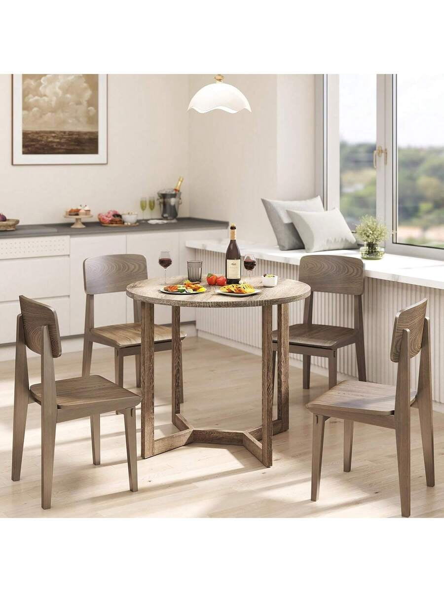 36" Round Dining Table For 4, Kitchen Table With Wing-Shaped Base, Wood Grain Tabletop, 220Lbs ...