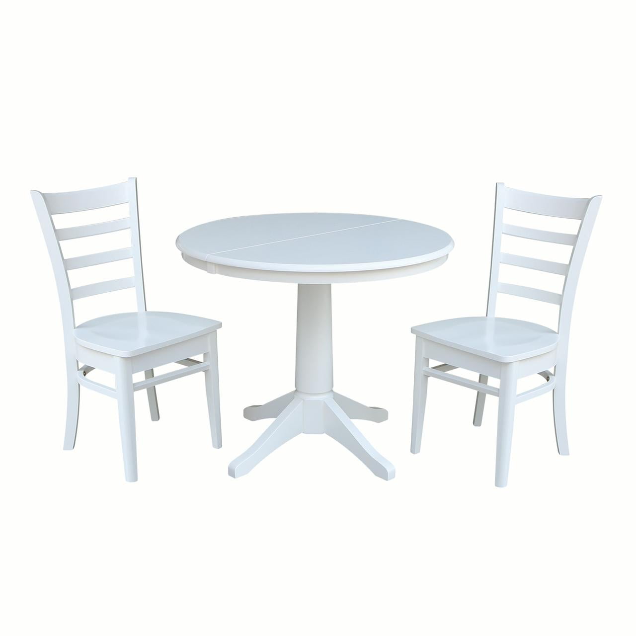 36" Round Dining Table with 12" Leaf and 2 Emily Chairs – White - 3 ...