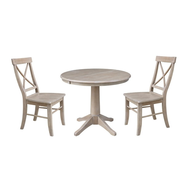 36" Round Dining Table with 12" Leaf and 2 X-back Chairs - Washed Gray ...