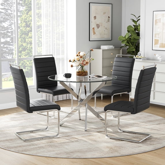 36" Round Glass Dining Table Set for 4, Tempered Glass Table with 4 C ...