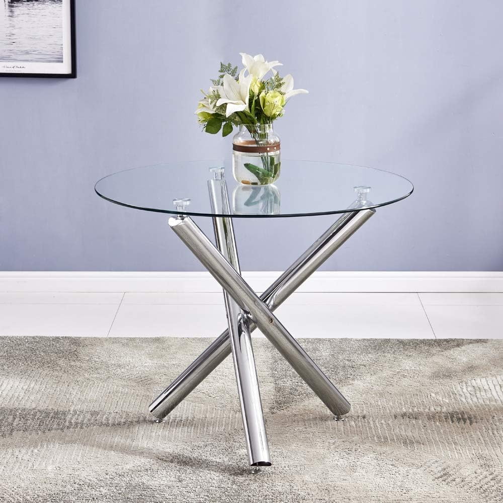 36" Round Glass Dining Table,Silver Glass Dining Table for 2-4,Modern ...