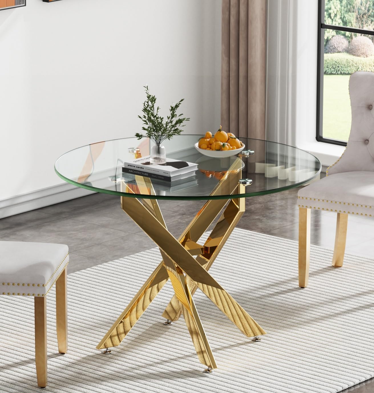 36'' Round Glass Dining Table for 2-4, Round Dining Room Table with X ...