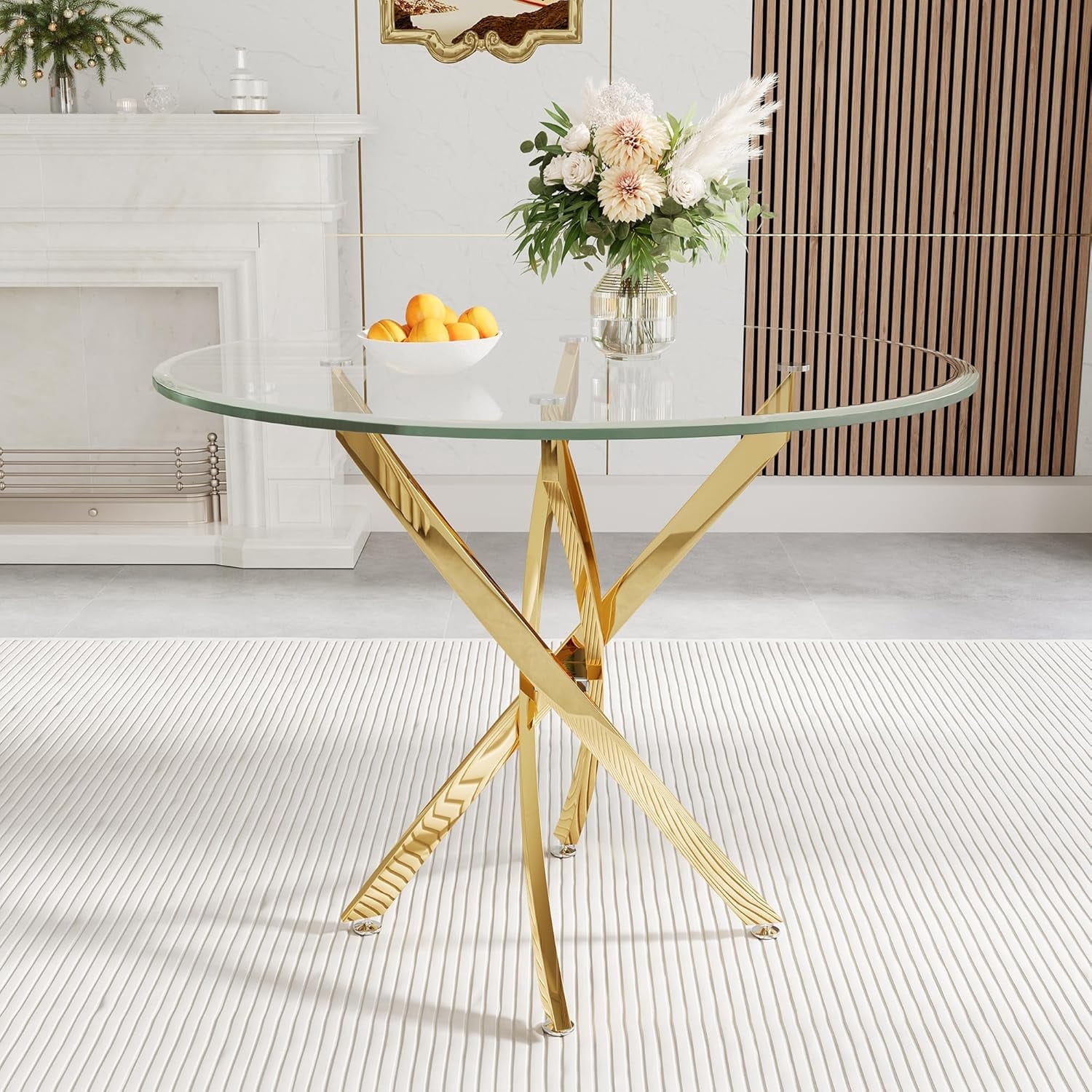 36" Round Glass Dining Table with Stainless Steel Legs, Modern Small ...