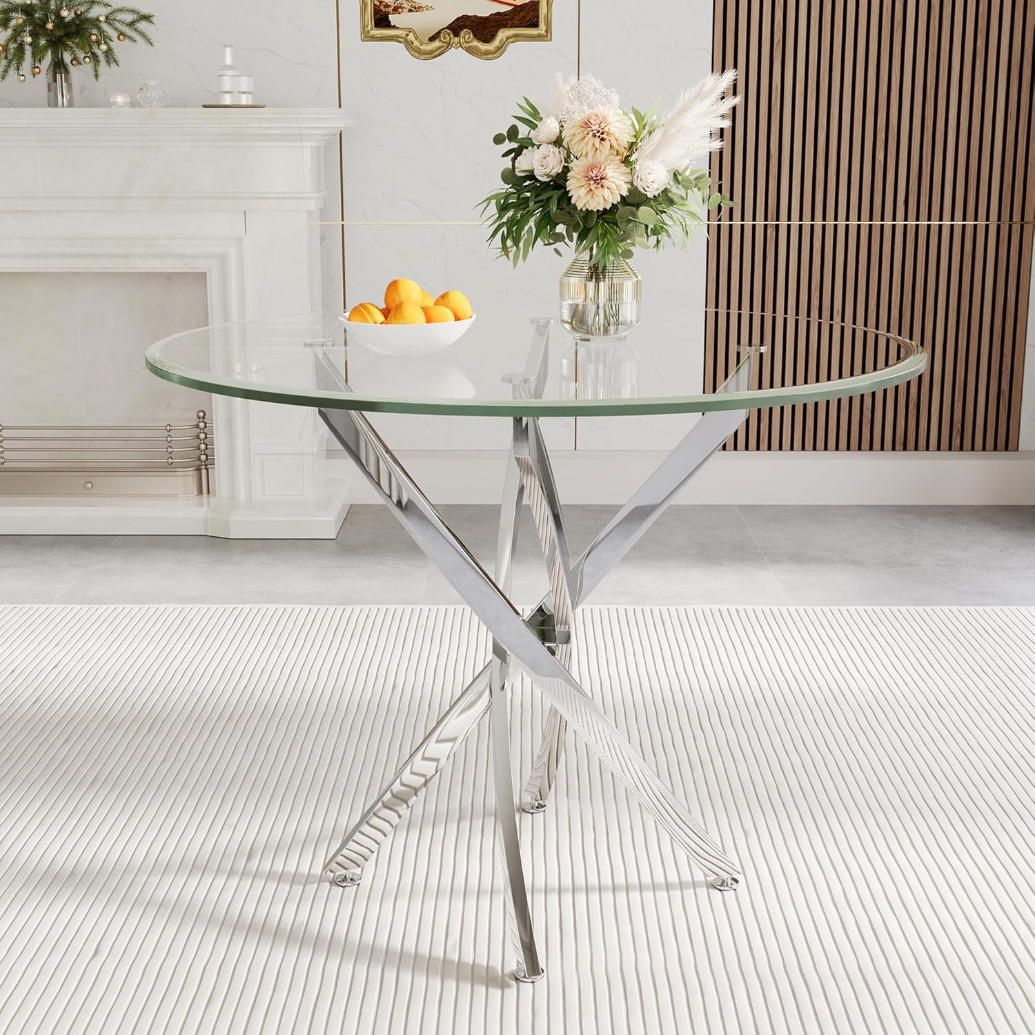 36" Round Glass Dining Table with Stainless Steel Legs, Modern Small ...