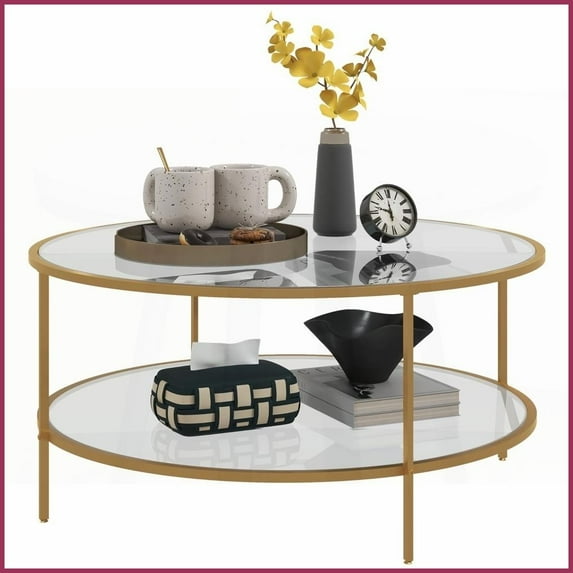 36” Round Gold Coffee Table for Living Room - 2-Tier Tempered Glass ...