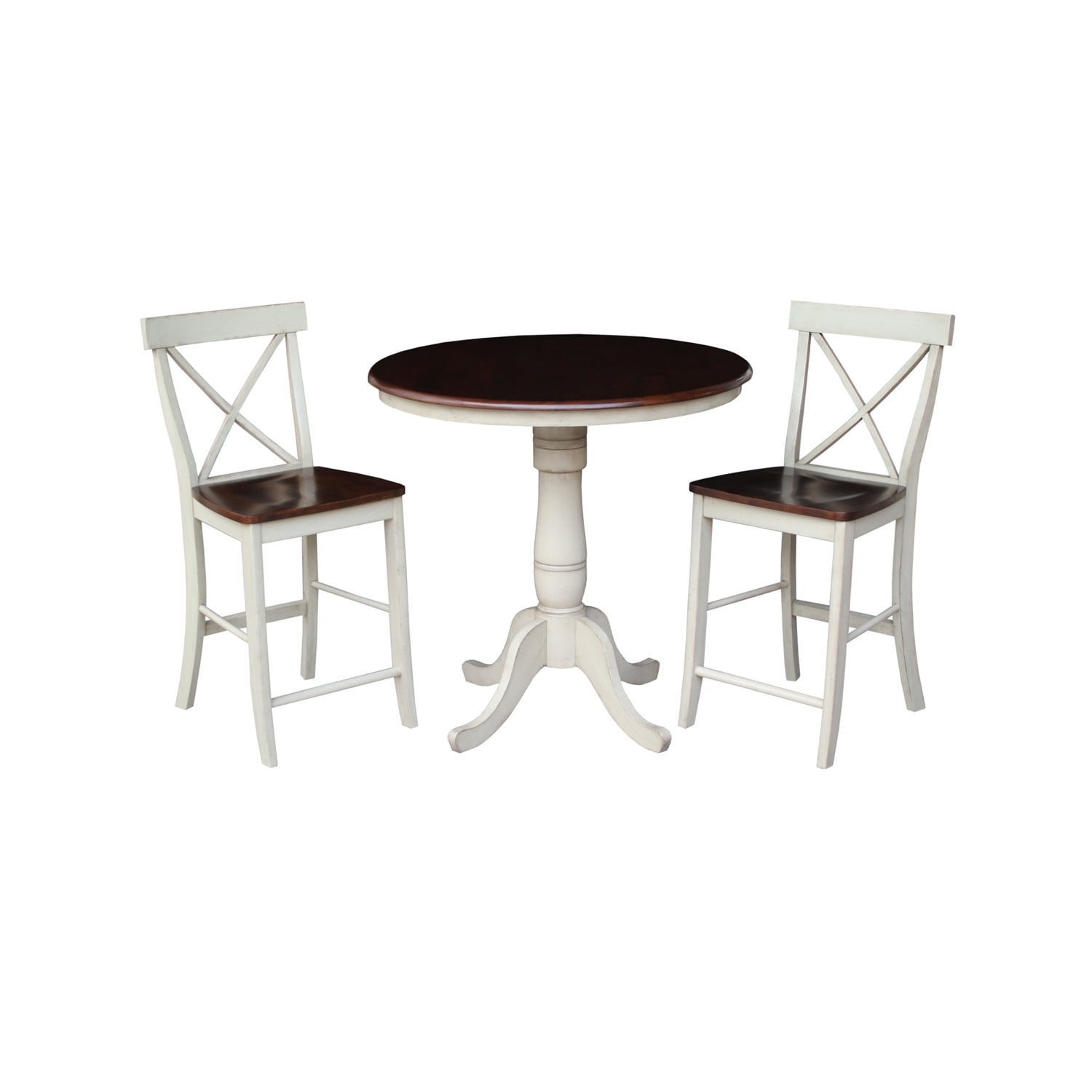 36" Round Pedestal Gathering Height Table With 2 X-Back Counter Height ...
