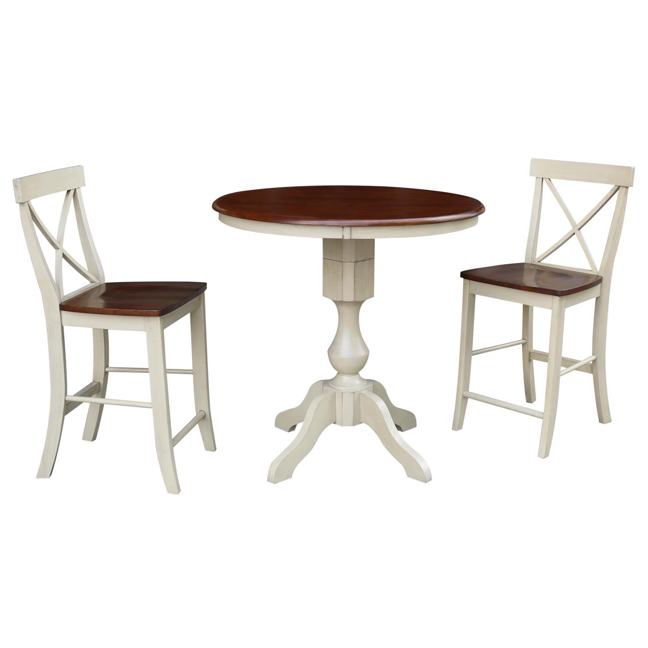 36" Round Top Counter Height Table and 2 X-back Stools – Almond ...