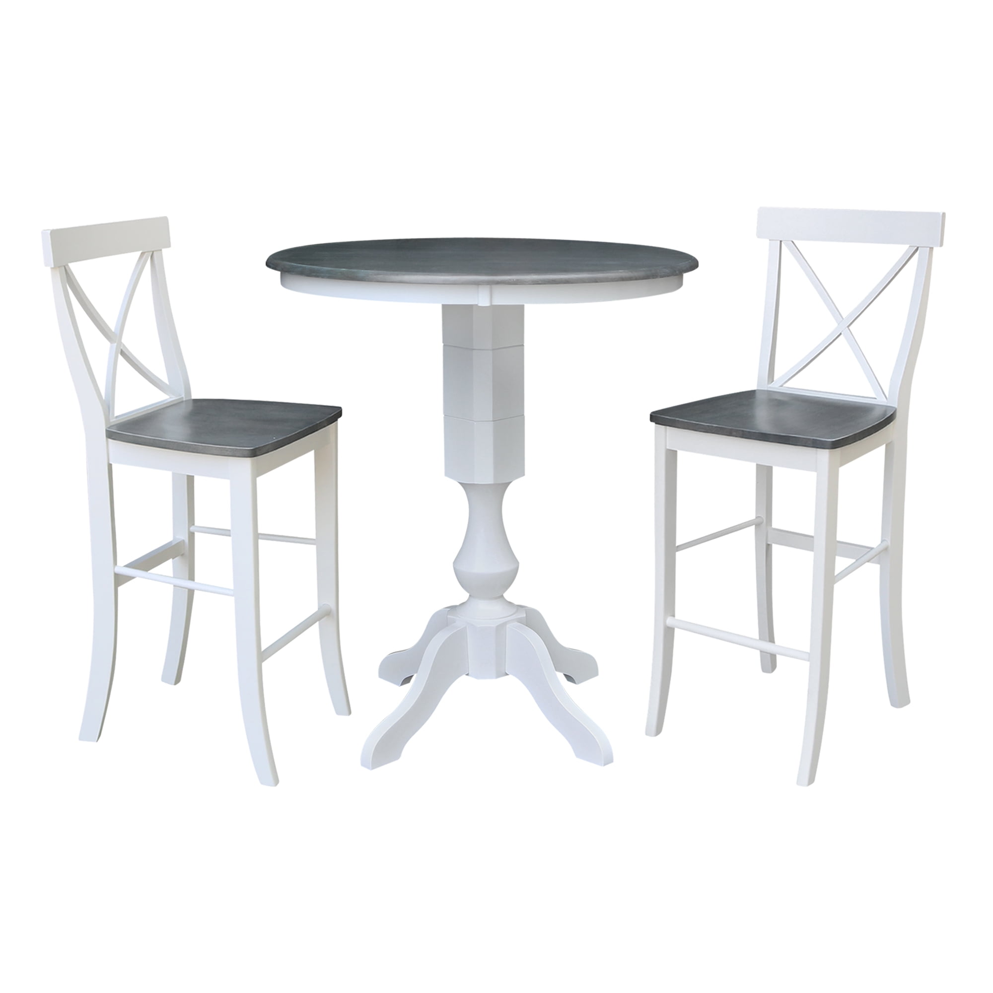 36" Round Wood Bar Height Table With 2 X-back Stools in White/Heather ...