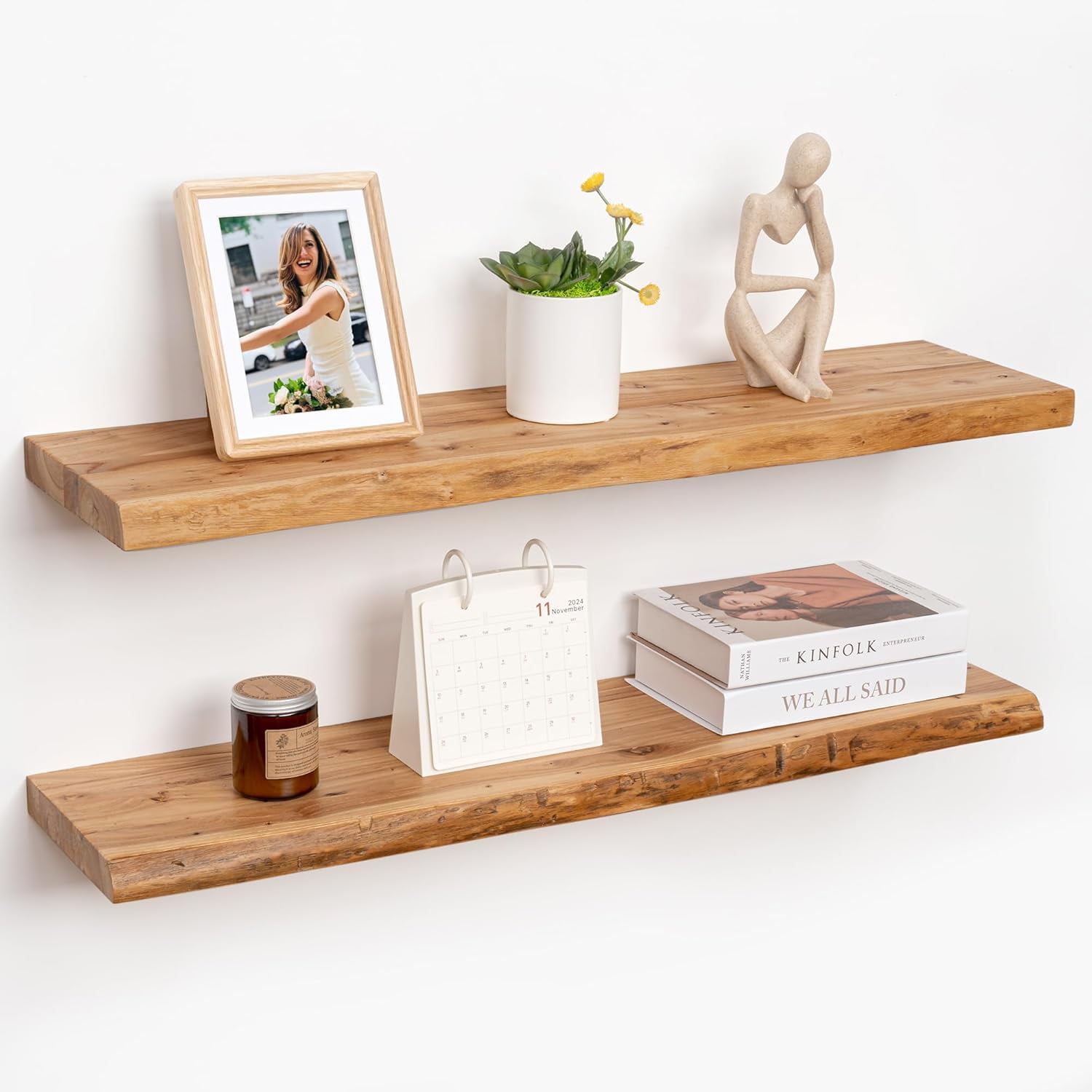 36" Rustic Elm Wood Floating Shelves for Wall, 9.3 Inch Deep Live Edge ...