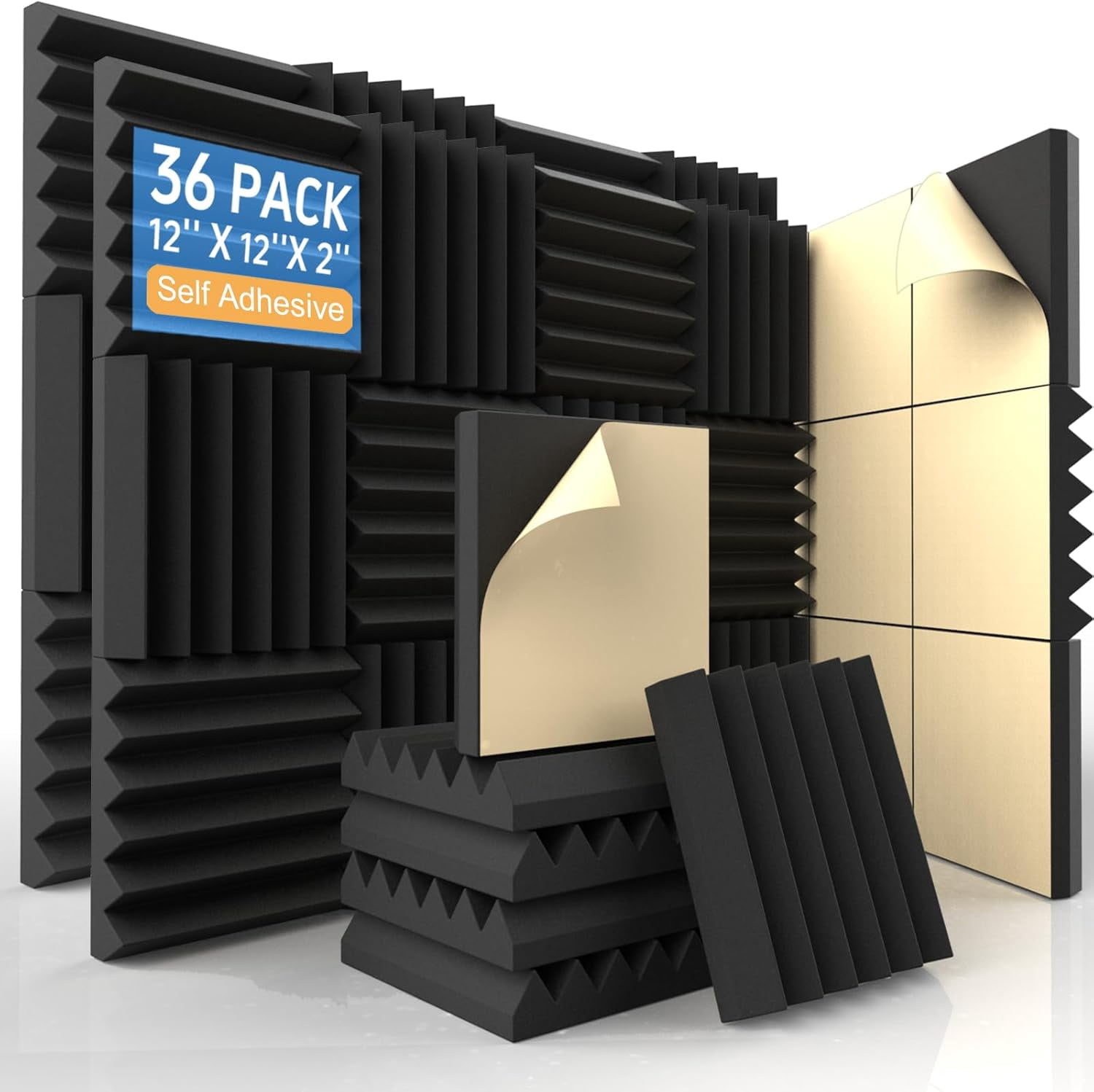 36 Self- Acoustic Panels, 12 x 12 x 2 High Density Wedge Sound Proof ...