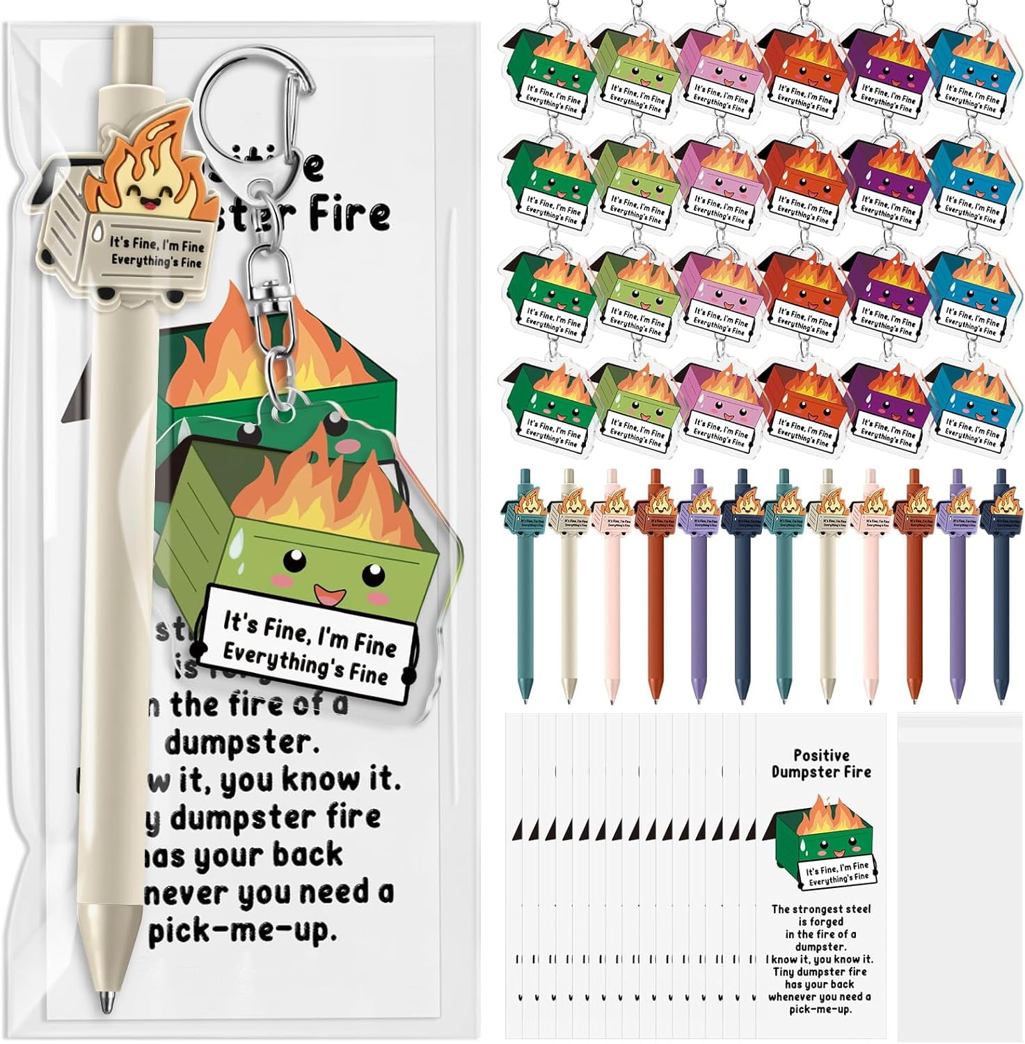 36 Sets Dumpster Fire Funny Gifts Ballpoint Pens Acrylic Keychains and ...