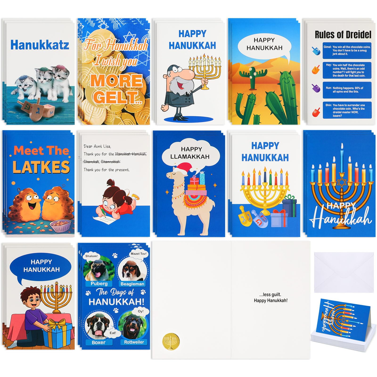36 Sets Hanukkah Greeting Cards with Envelopes Assorted Funny Jewish ...