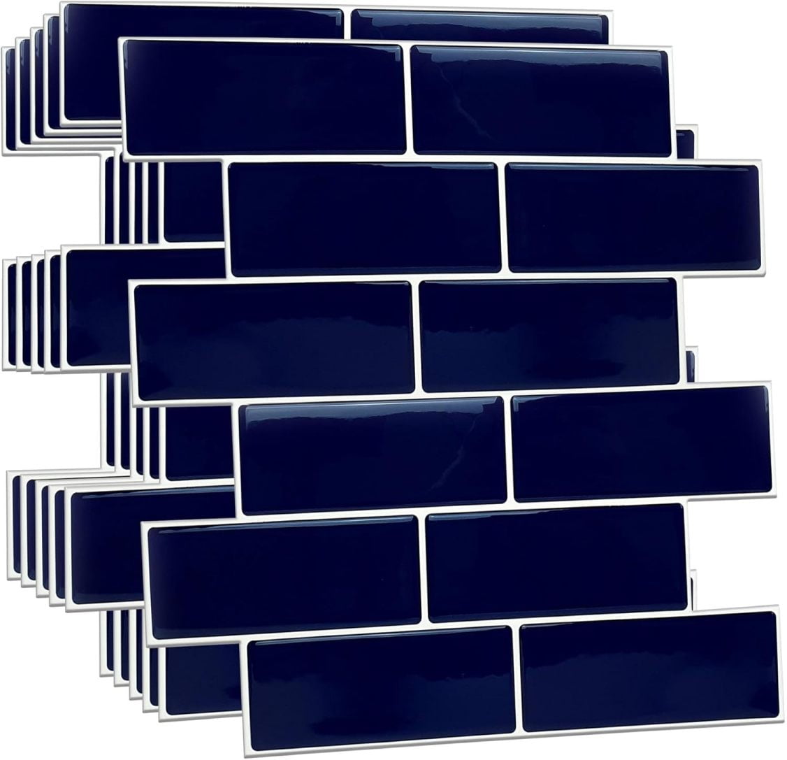 36 Sheets 12" x 6" Deep Blue Glossy 3D Peel and Stick Tile Stickers ...