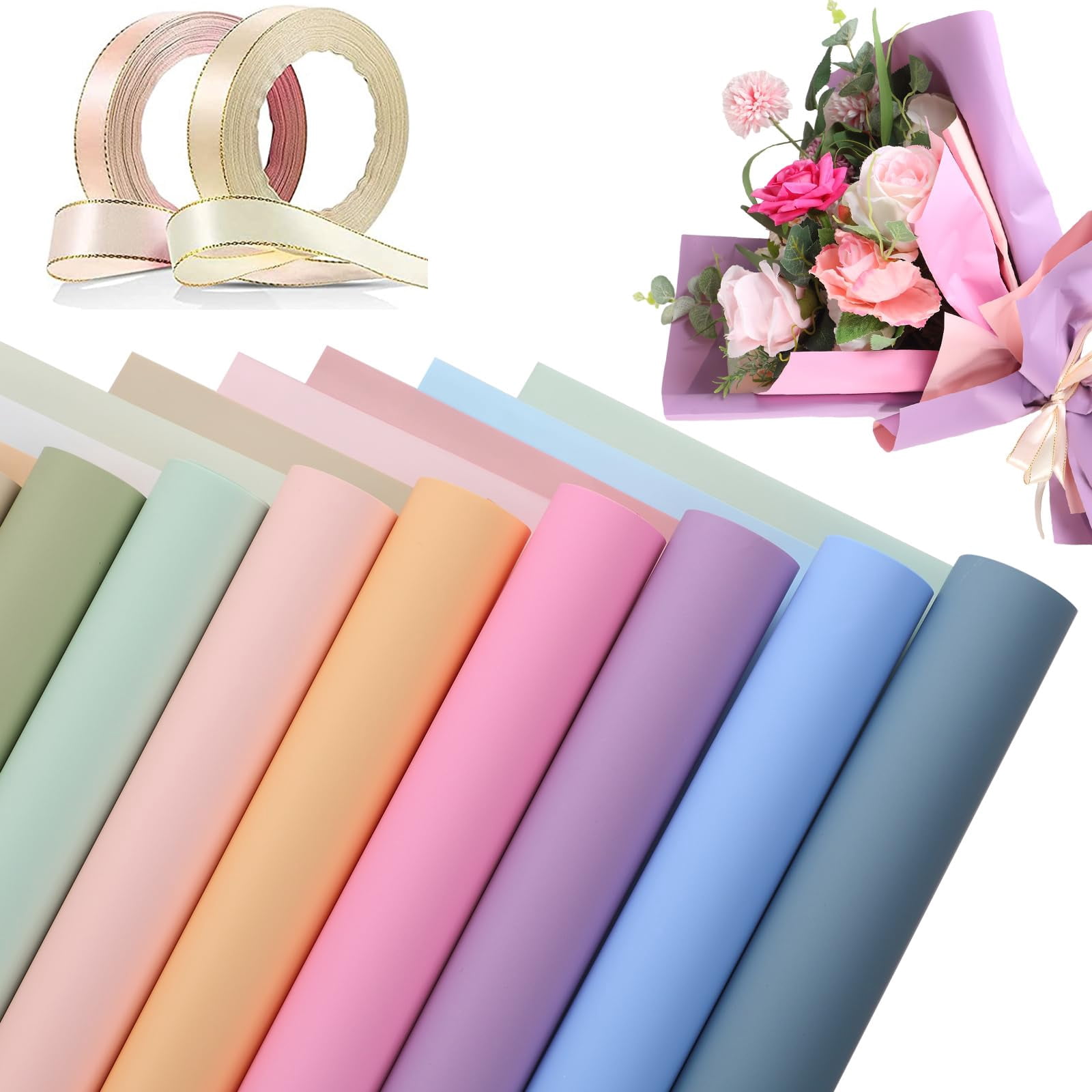 36 Sheets Double Color Flower Wrapping Paper with Ribbons, Floral ...