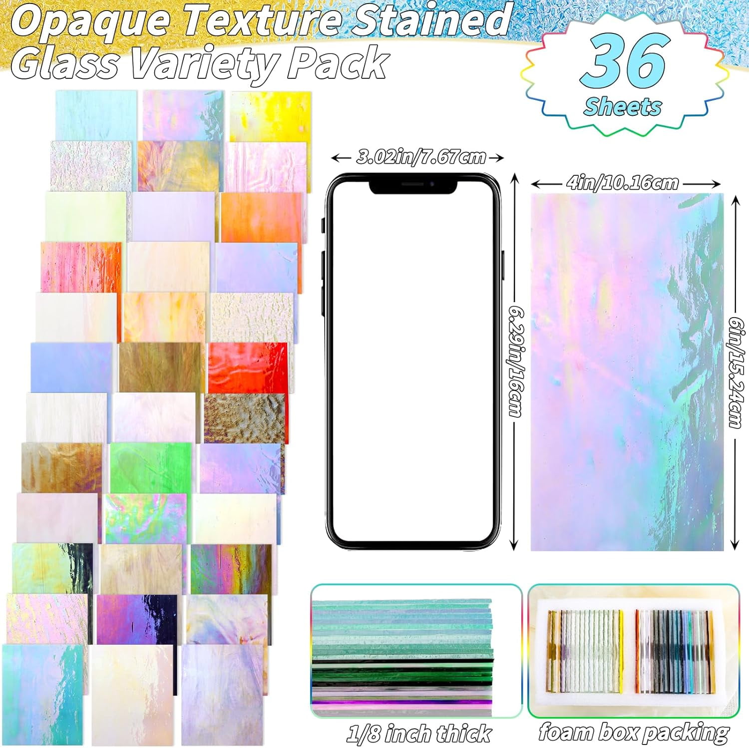 36 Sheets Opaque Stained Glass Bulk Variety Pack, 4 x 6 Inch Mosaic ...