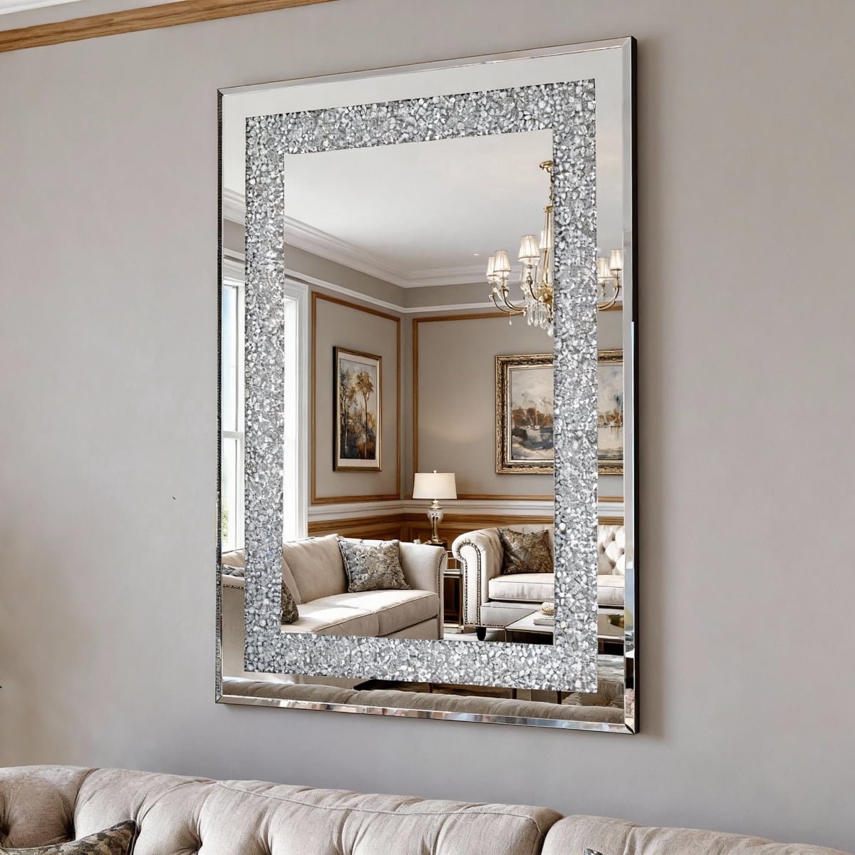 35.82" Silver Crush Diamond Regtangle Wall Mirror with Wave Frame ...