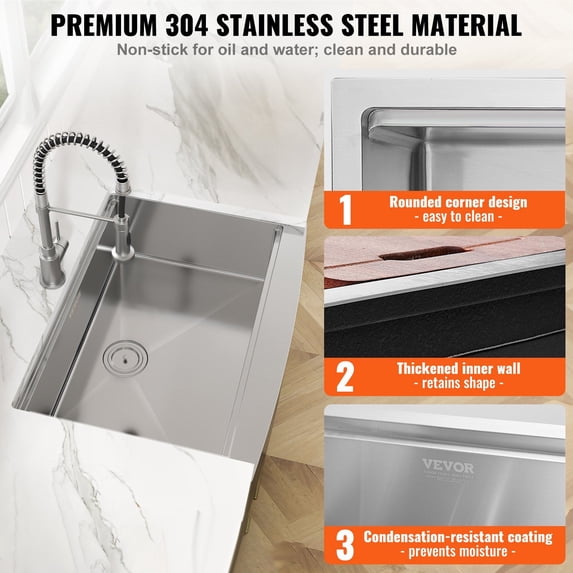 36" Single Basin Stainless Steel Farmhouse Sink, Drop-In Installation ...