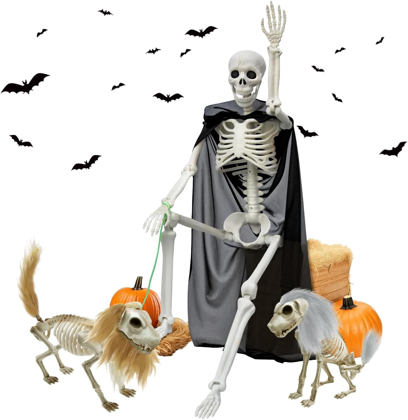 36" Skeleton Halloween Decorations, 3FT Posable Skeleton with Furry Dog ...
