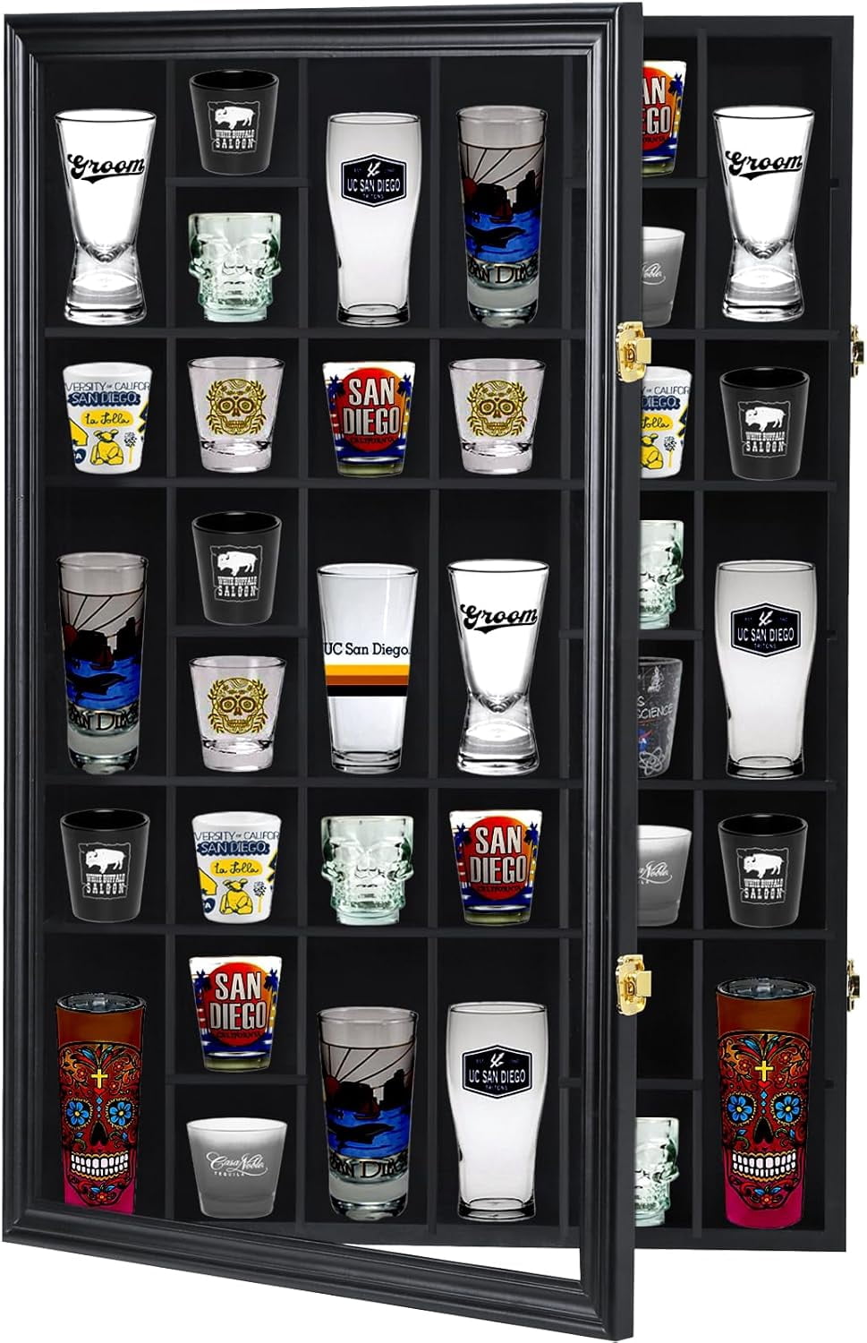 36 Slots Shot Glass Display Case with Lockable Door, Solid Wood Cabinet ...