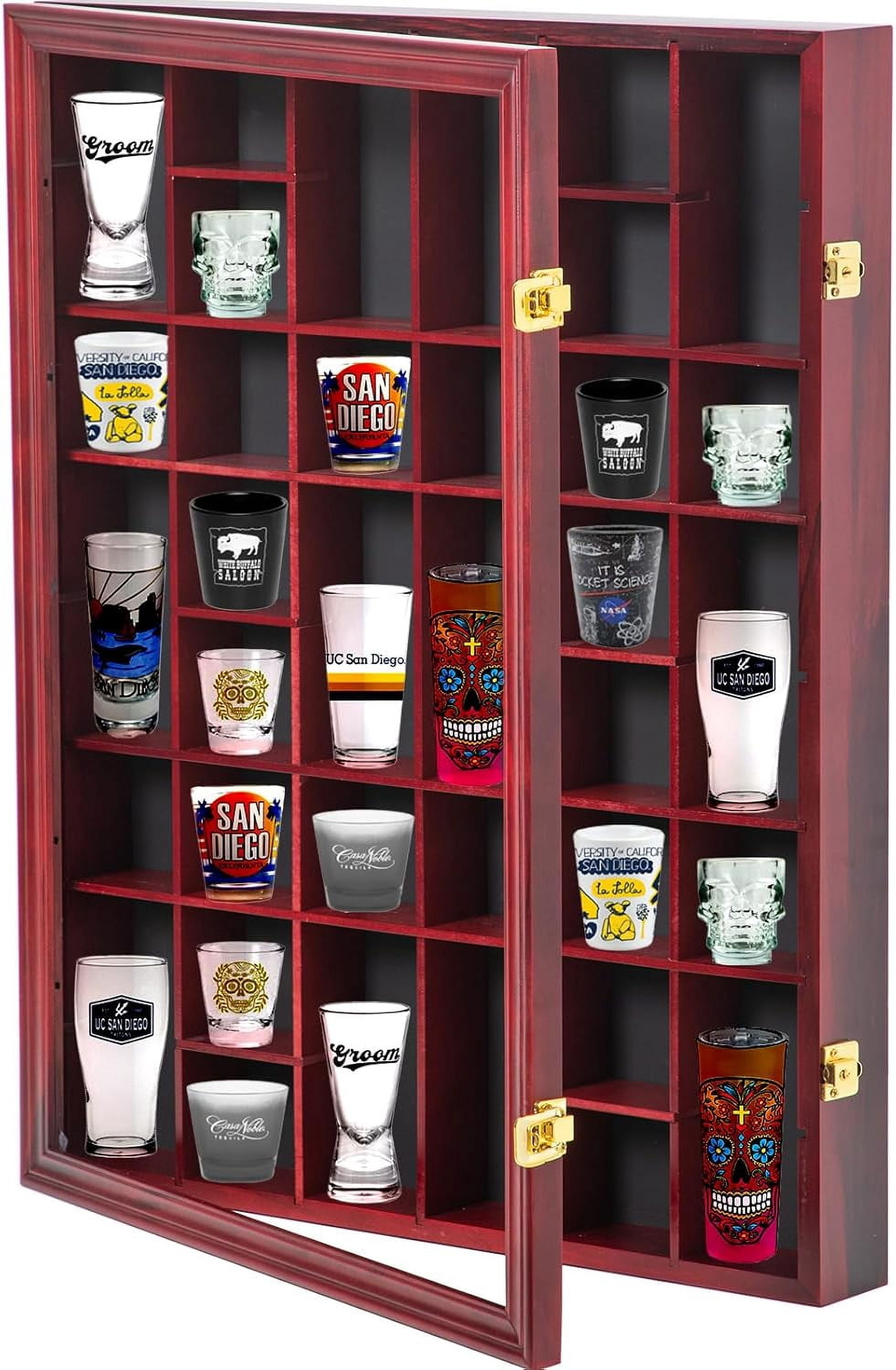 36 Slots Shot Glass Display Case with Lockable Door, Solid Wood Cabinet ...