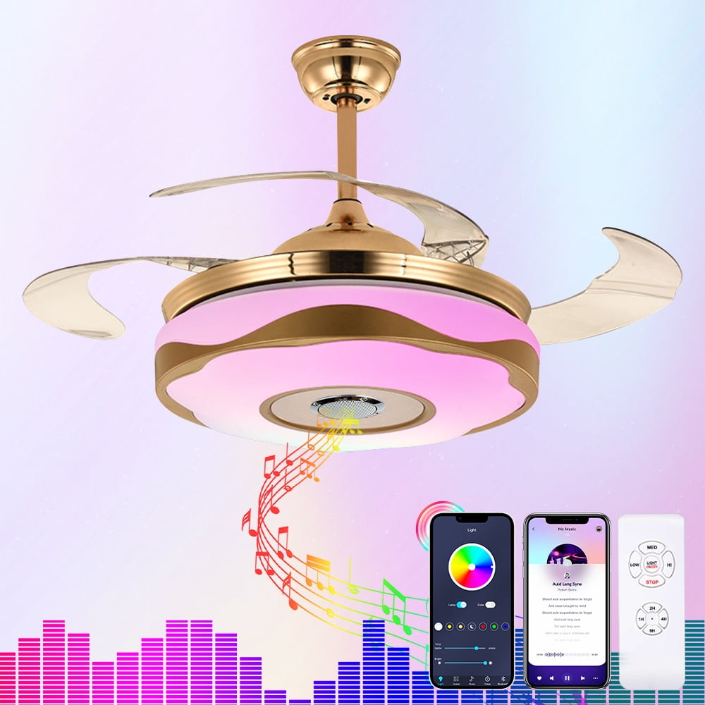 36" Smart Ceiling Fan with RGB and Music-Gold Wrought Iron & Clear ABS ...
