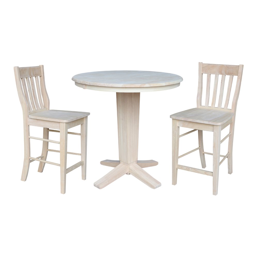 36" Solid Wood Round Counter Height Extension Table with 12" Leaf and 2 ...