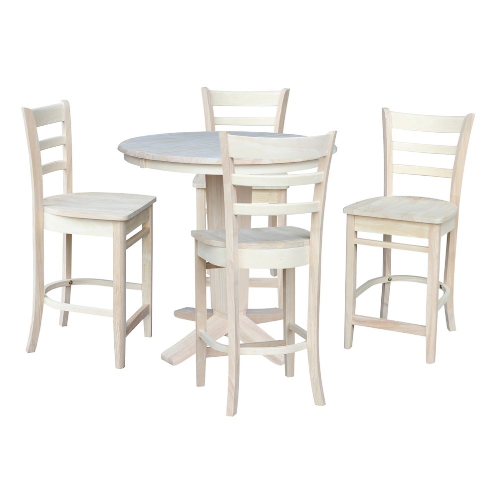 36" Solid Wood Round Counter Height Extension Table with 12" Leaf and 4 ...