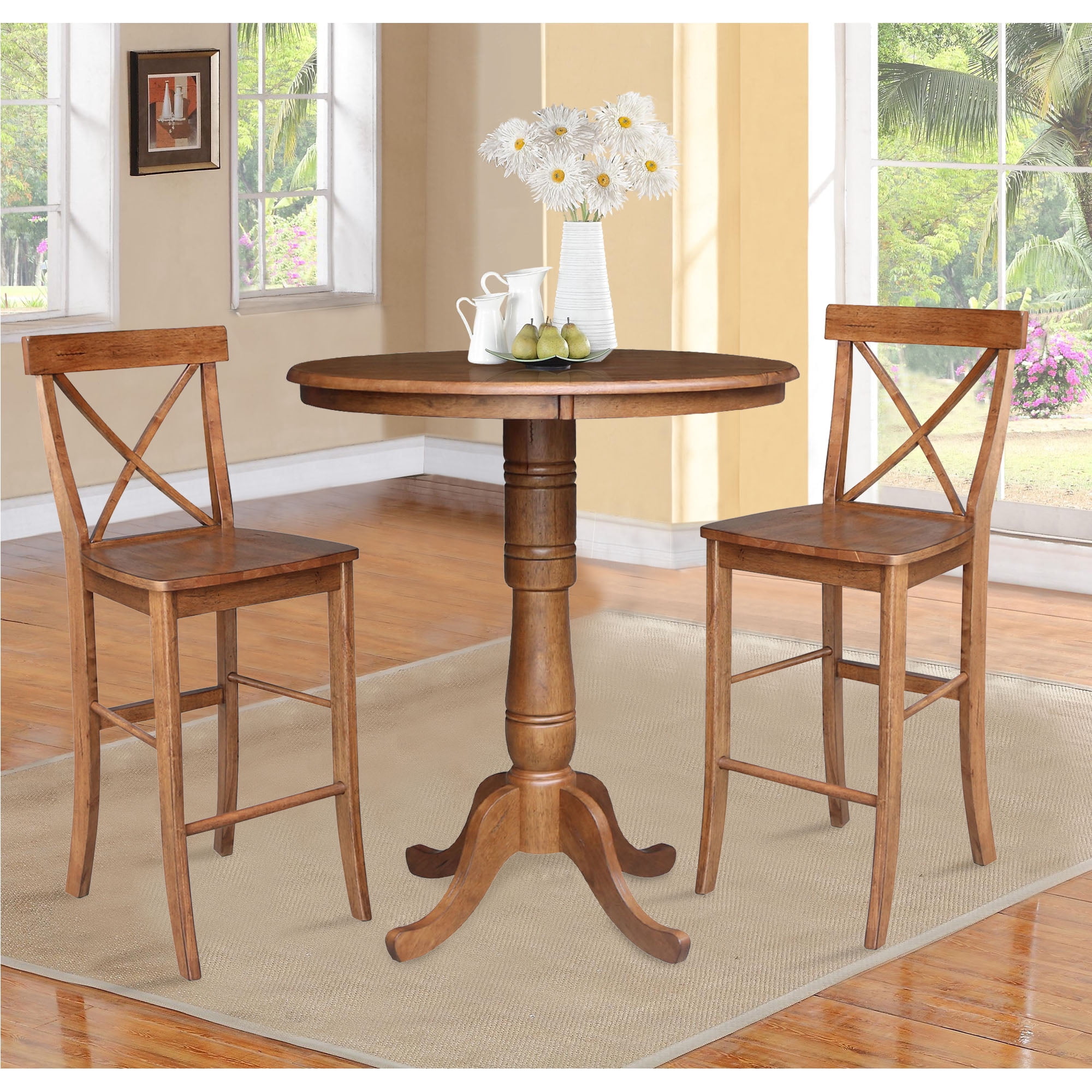 36" Solid Wood Round Pedestal Table in Distressed Oak with 2 X-Back ...