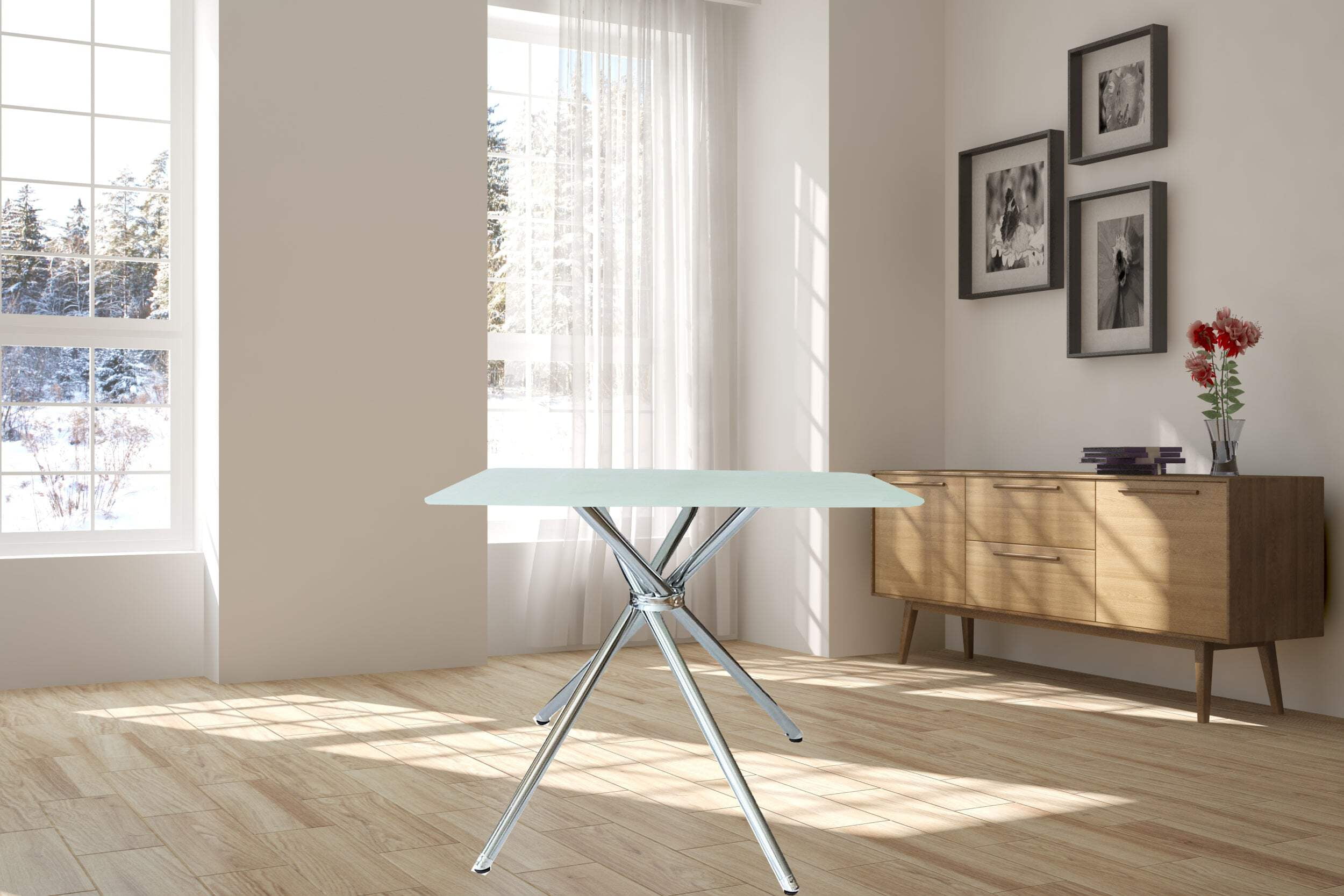 36" Square Frosted Tempered Glass Table Chrome Dining Room Contemporary ...