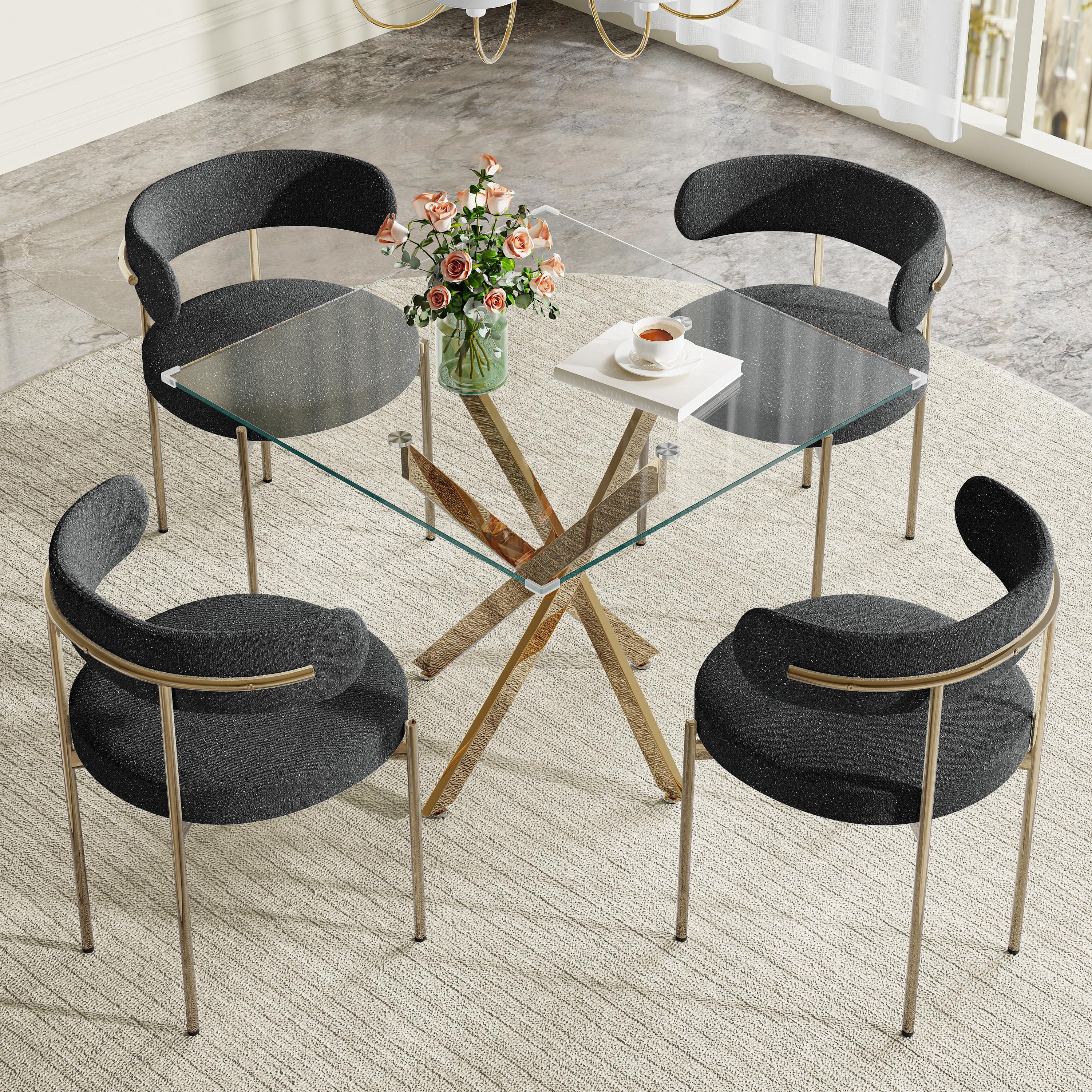 36" Square Glass Dining Table Set of 5, Mid-Century Modern Gold ...