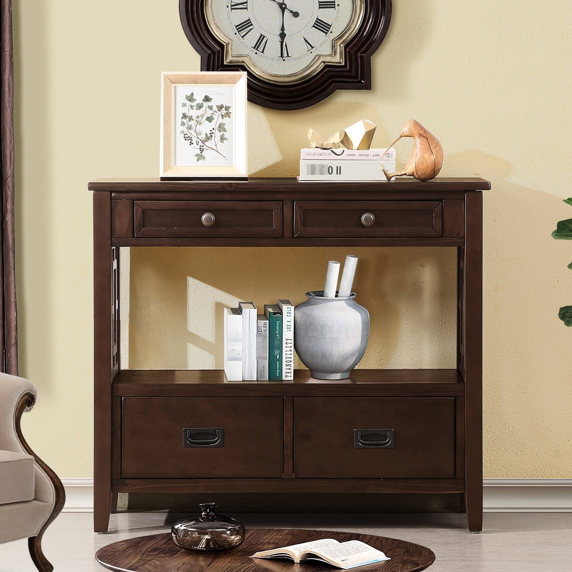 36'' Style Console Table. 4 Drawers & 1 Shelf. Solid Wood. Vintage Look For Hallway, Living Room ...