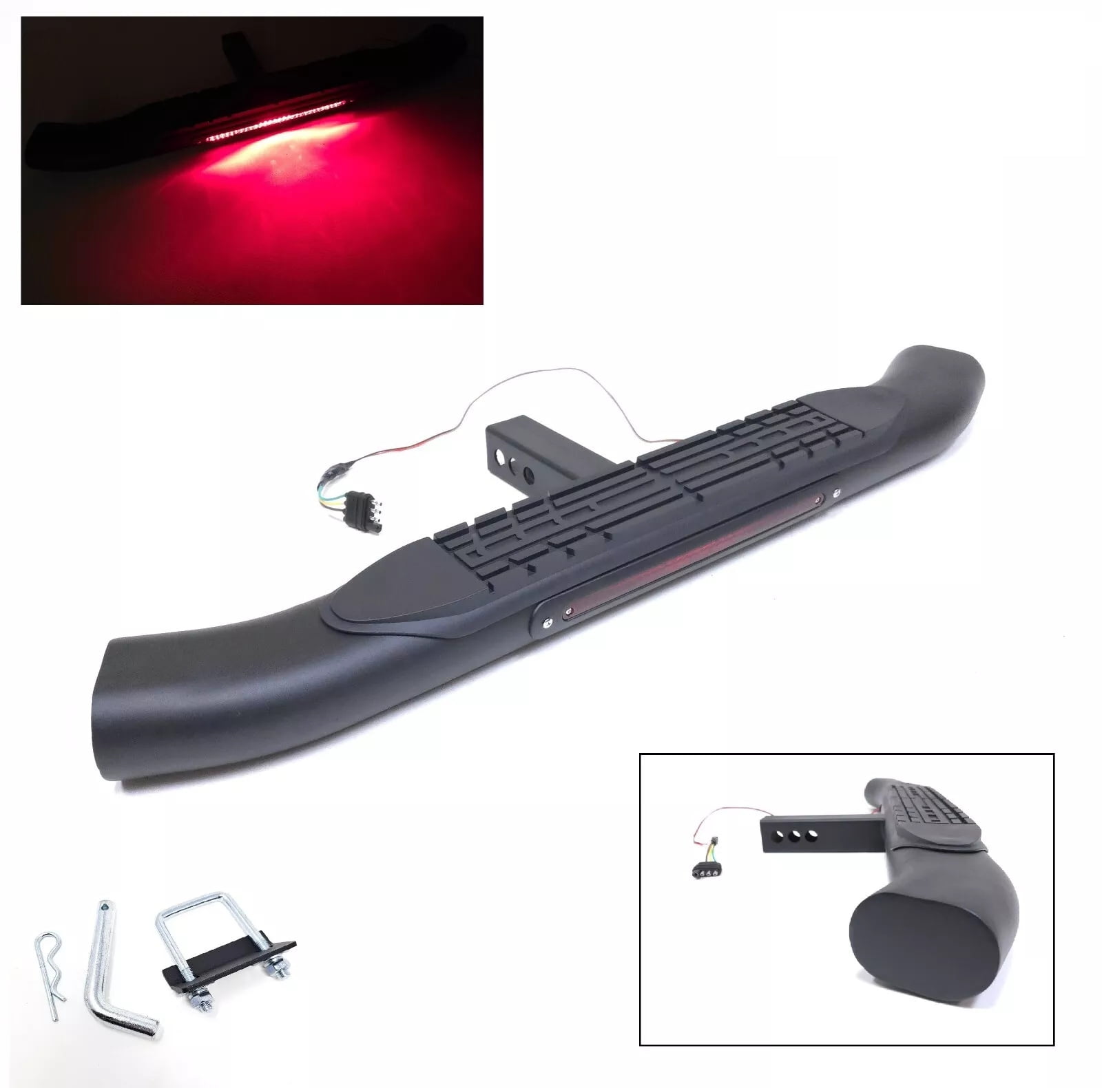 36" Tow Hitch Step Bar Guard with LED Brake Light 4" Oval Curved Powder ...