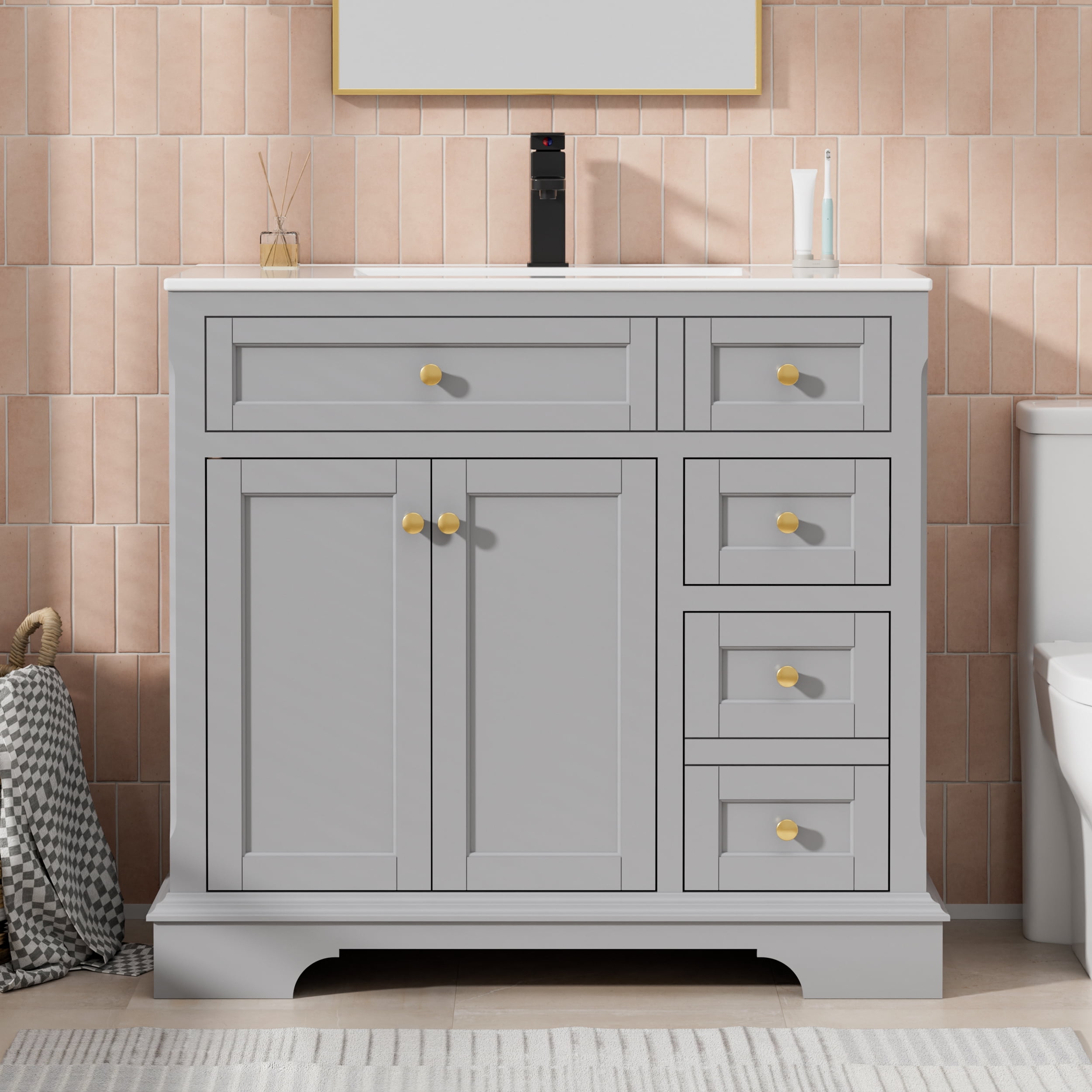 Eclife 36" Vintage Gray Bathroom Vanity Set with Ceramic Sink Top, Faucet, Drain - Walmart.com