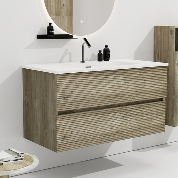 36" Wall - Mounted Bathroom Vanity, Trendy Rough Oak with Horizontal ...