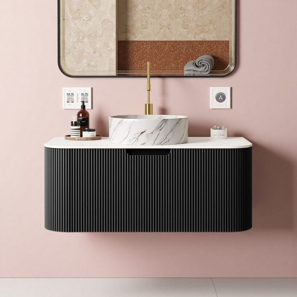 36" Wall-Mounted Floating Vanity with Ceramic Basin & Curved Edges ...