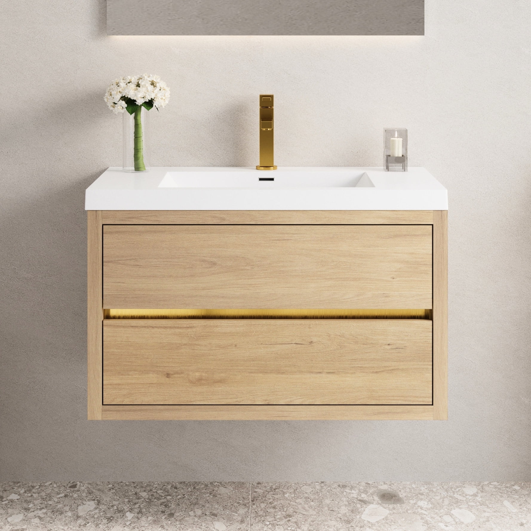 36" Wall-Mounted, Pre-Assembled, U-Shape Drain Vanity with Stone Resin ...
