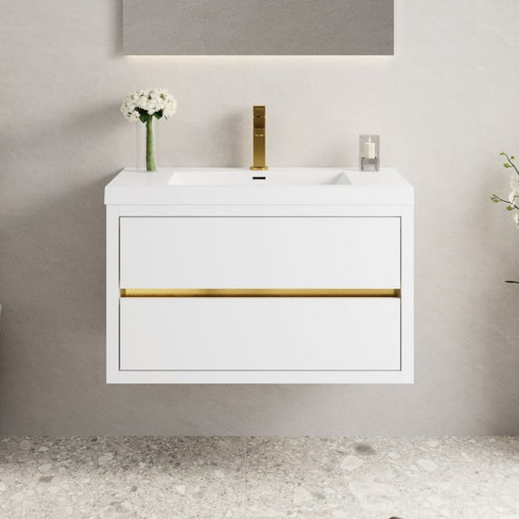 36" Wall - Mounted Vanity, Wooden Cabinet, Stone Resin Sink, 24V15 ...