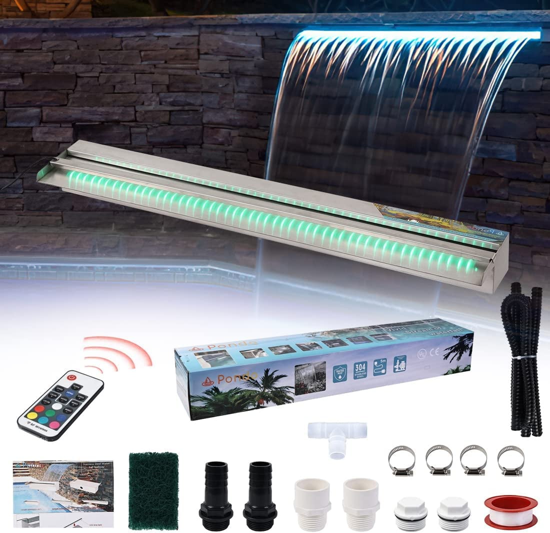 36" Water Pool Fountain 304 Stainless Steel Lighted Pool Waterfall ...