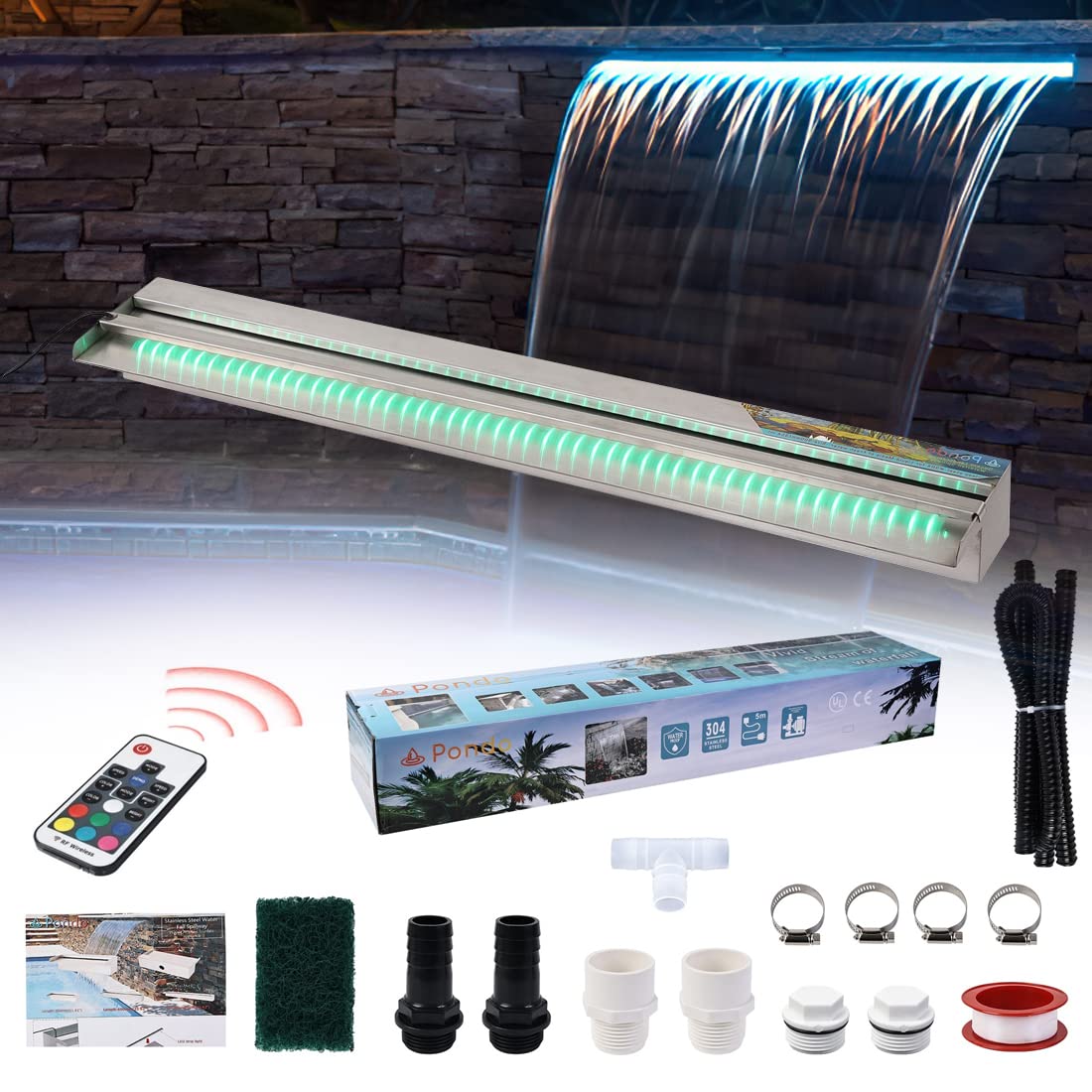 36" Water Pool Fountain 304 Stainless Steel Lighted Pool Waterfall ...