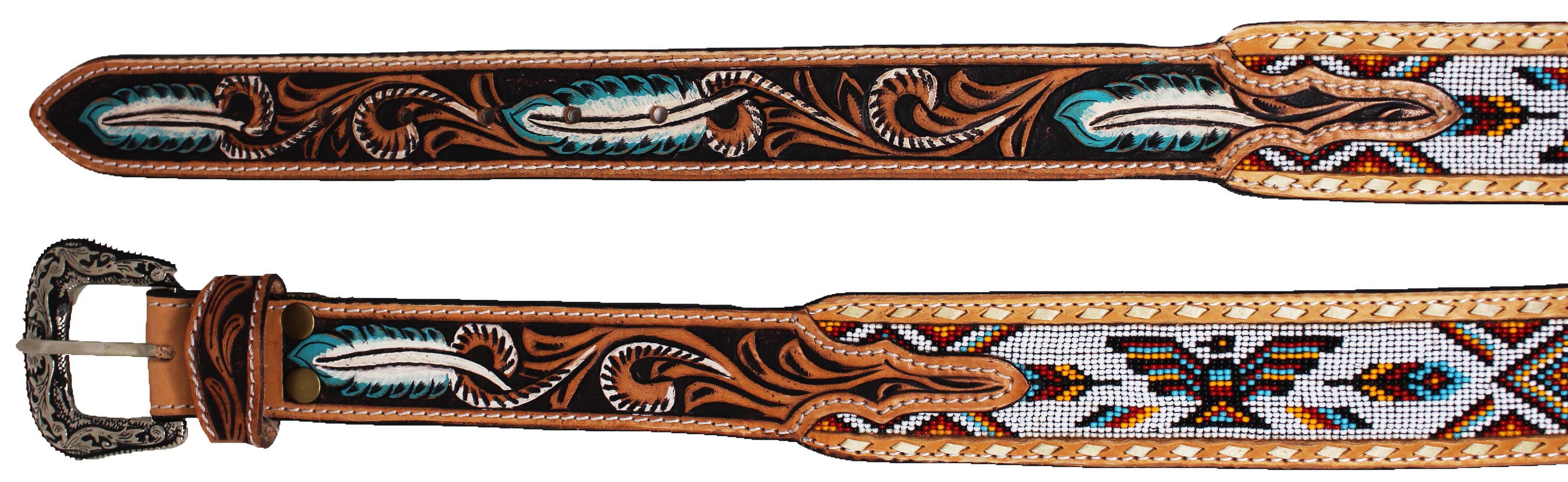 36 Western 2" Tapered Feather Tooled Beaded Full-Grain Leather Belt ...