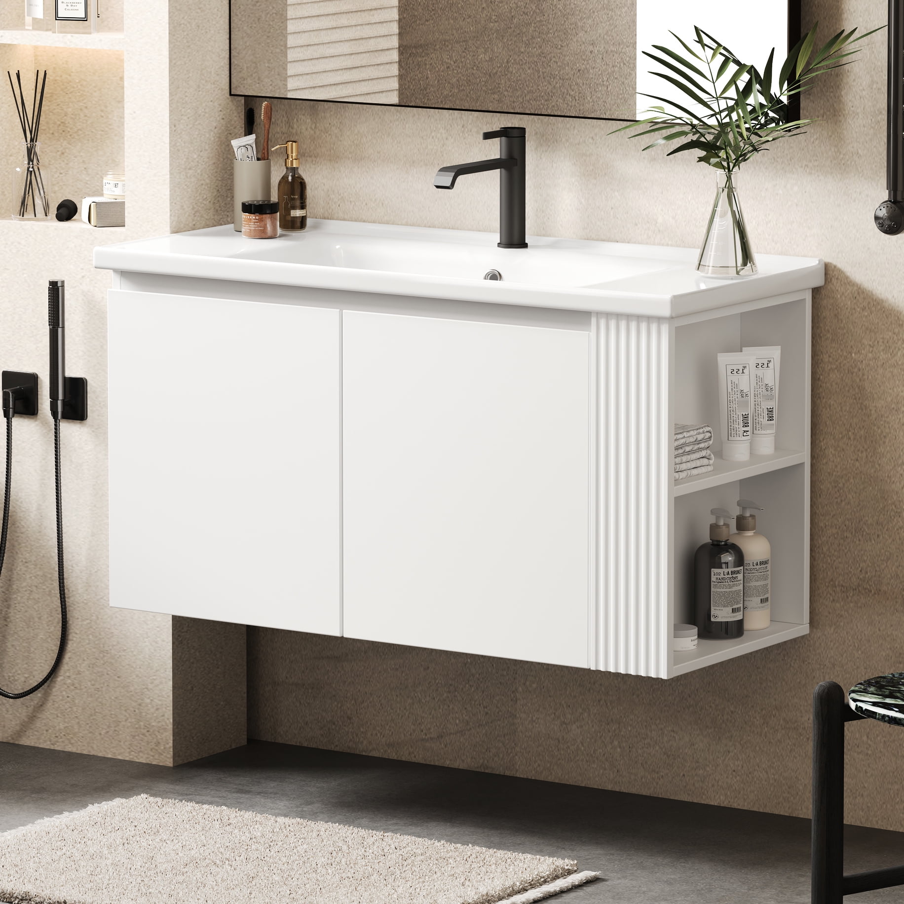36" White Bathroom Vanity With Textured Flute Design - Modern, Spacious ...