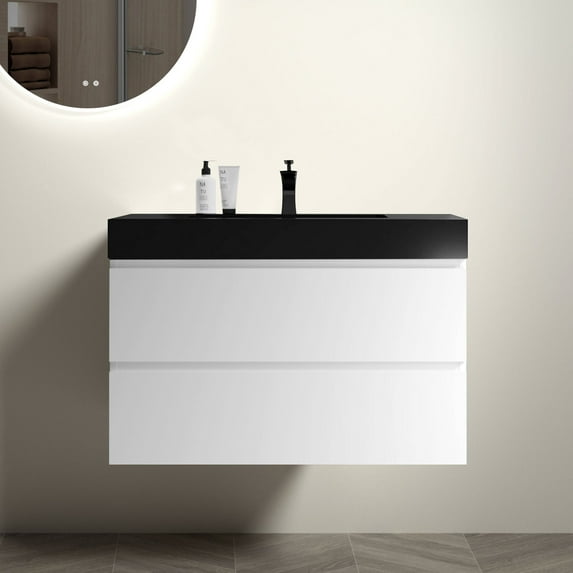 36" White Bathroom Vanity with One - Piece Black Sink, Wall - Mounted ...