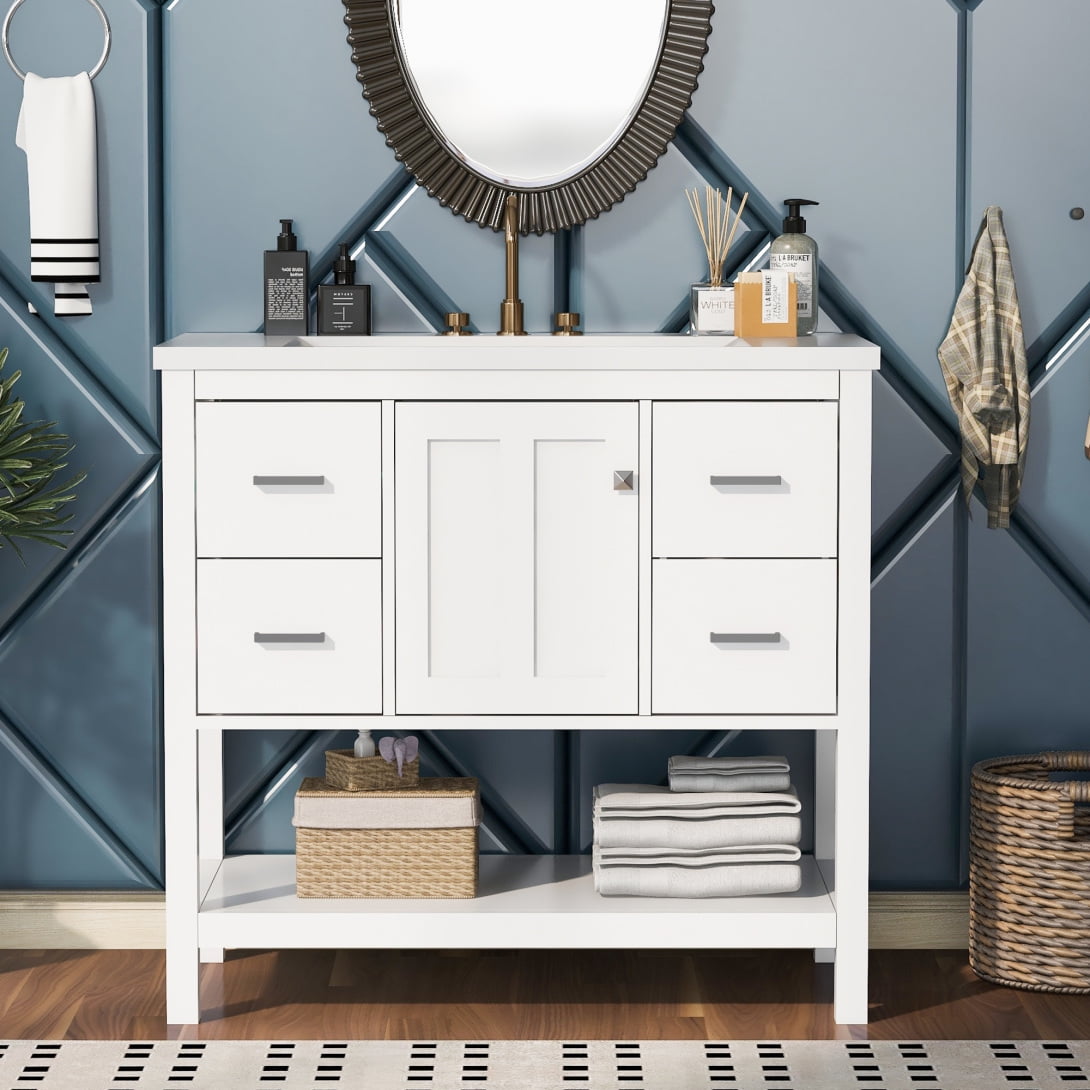 36" White Modern Bathroom Vanity with USB,Two Shallow Drawers, One Deep ...