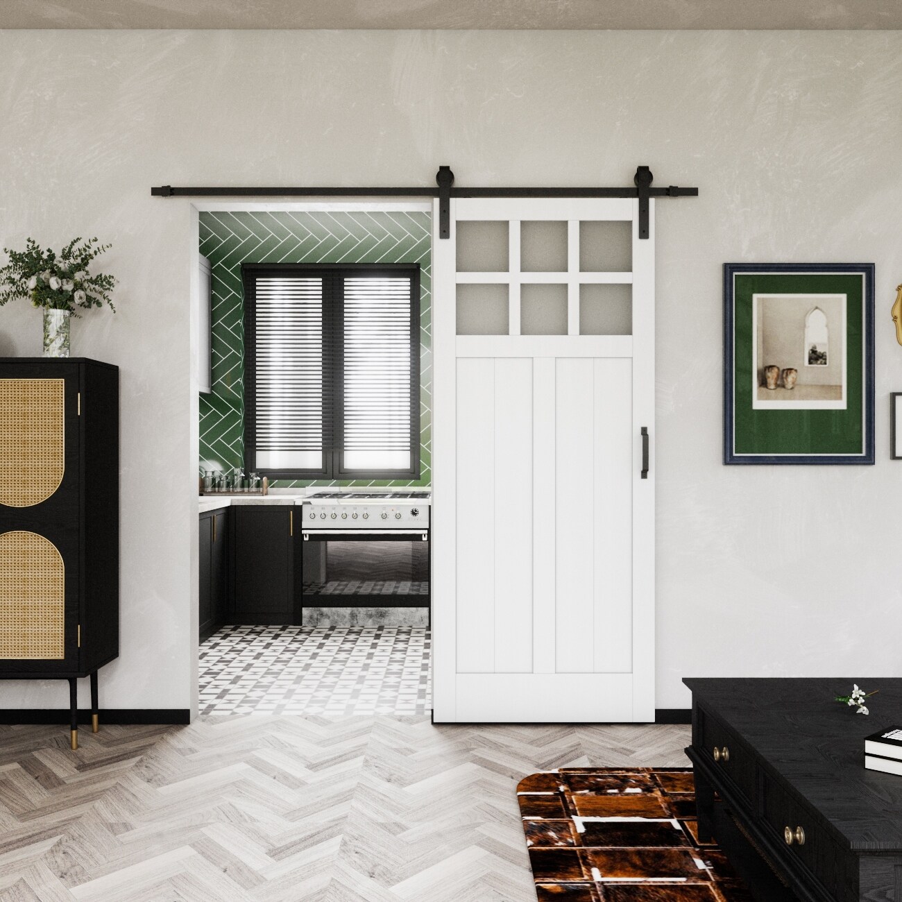 36" Width Barn Door MDF Wood and Metal With Hardware Kit White Glass ...