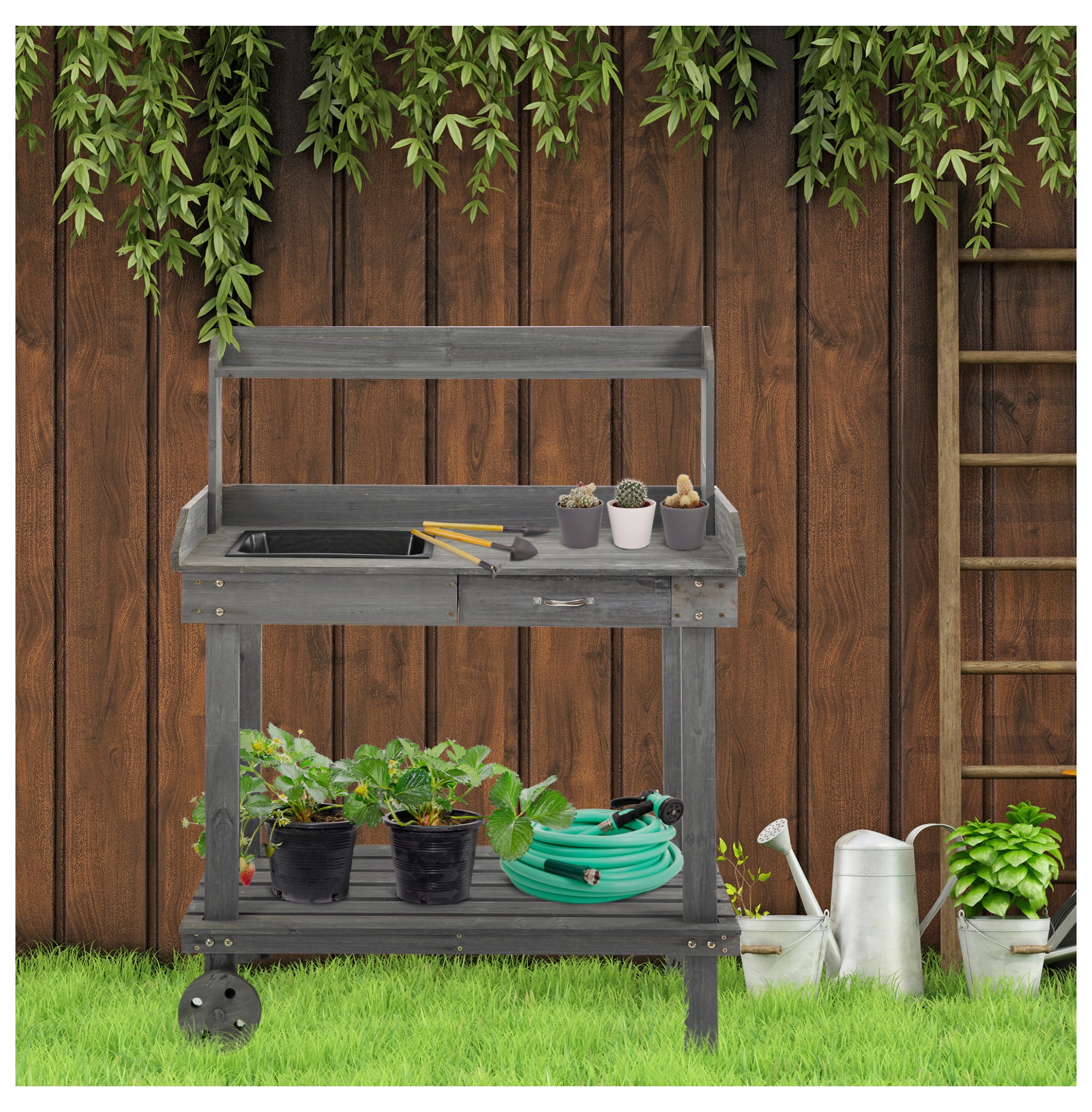 36'' Wooden Potting Bench Outdoor Work Table with Wheels, Sink, Drawer ...