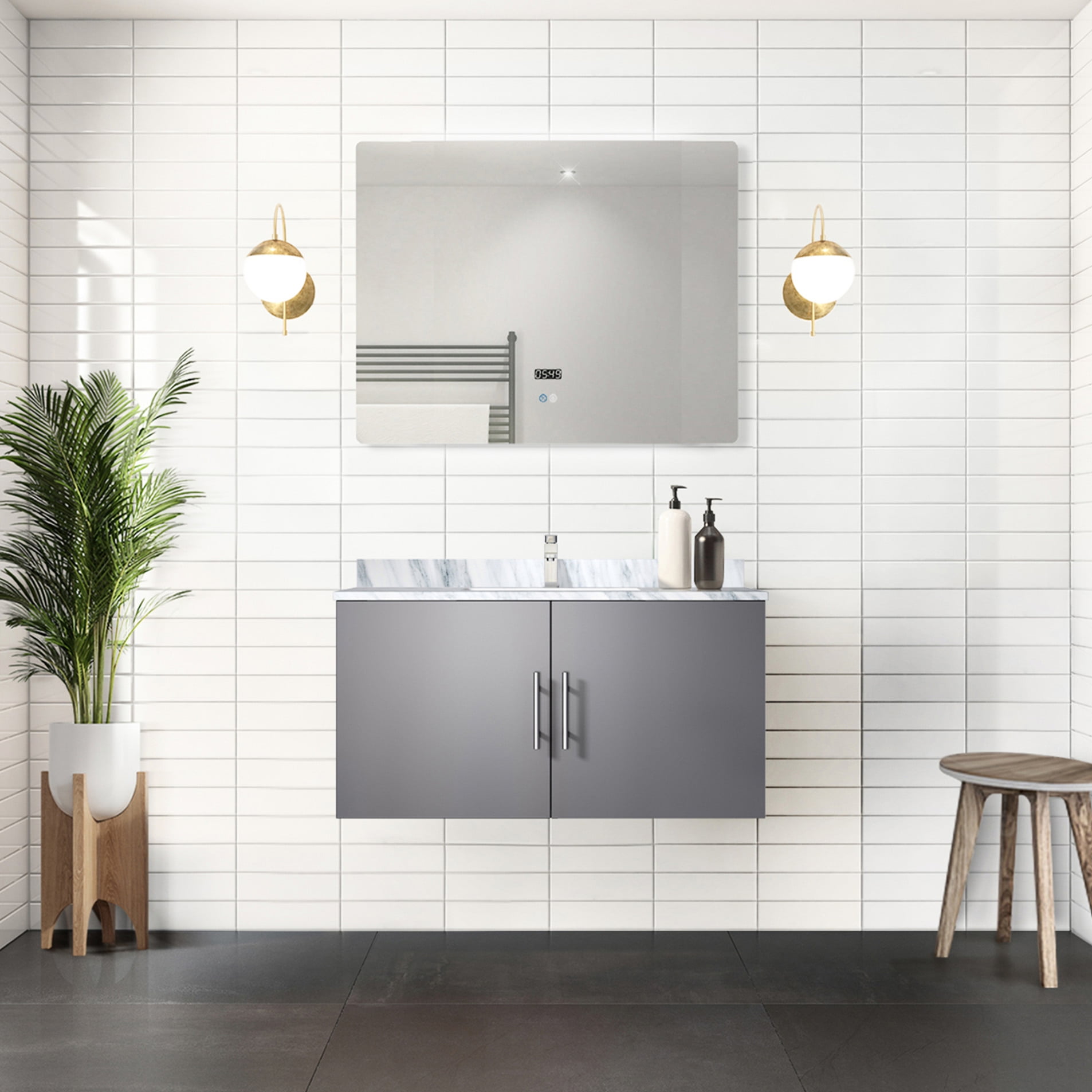 36" X 22" Dark Grey Bathroom Vanity With Marble Top - Solid Wood ...