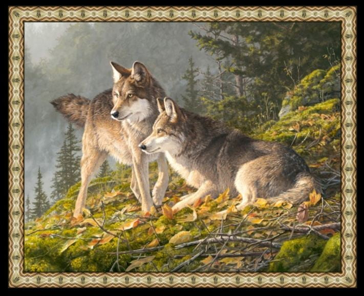 36" X 44" Panel Companions Wolves Wolf Forests Woods Black Cotton ...
