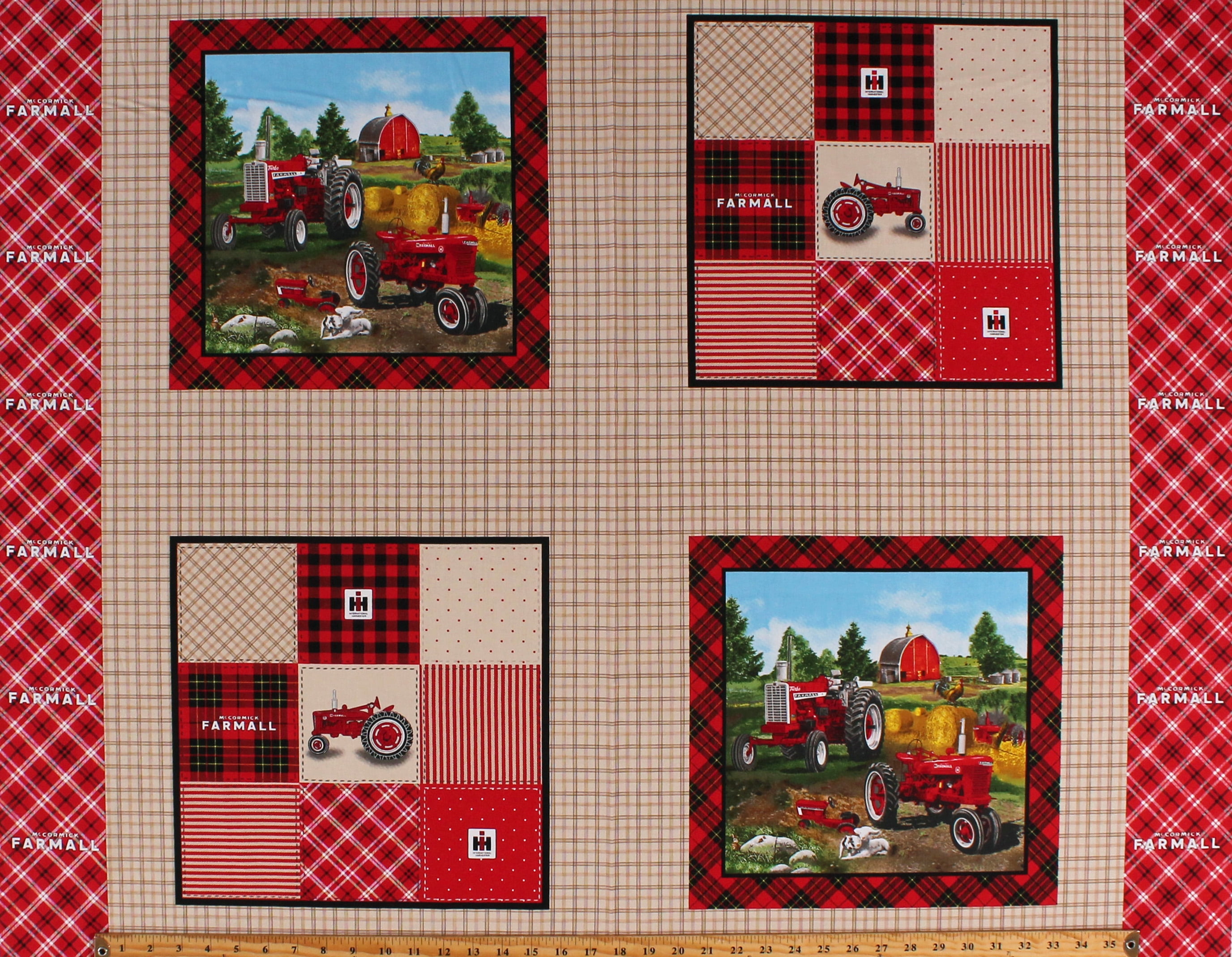 36" X 44" Panel McCormick Farmall Farm Tractor Barn Plaid Pillow Cotton ...