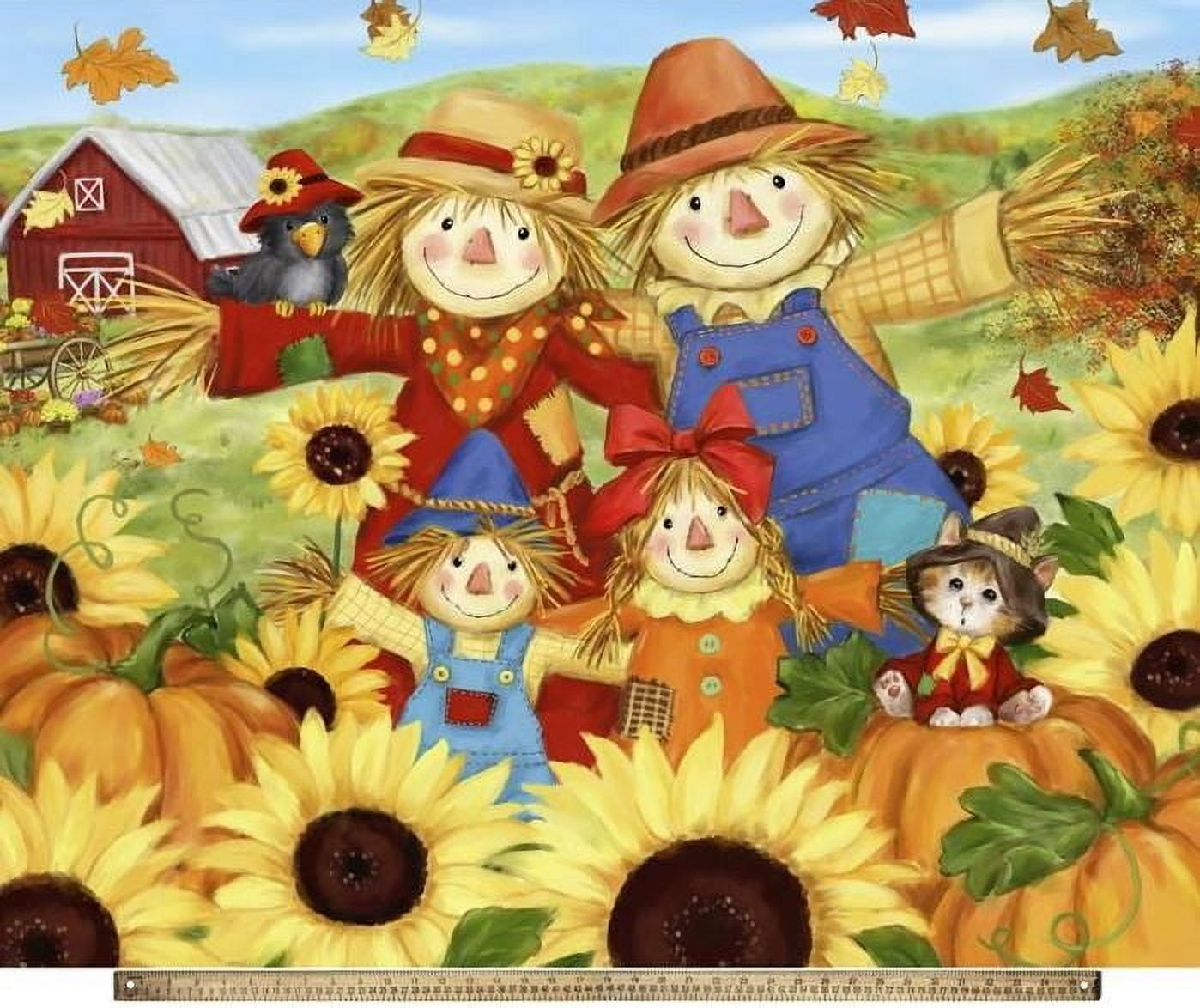 36" X 44" Panel Scarecrow Family Scarecrows Autumn Fall Leaves Pumpkins ...
