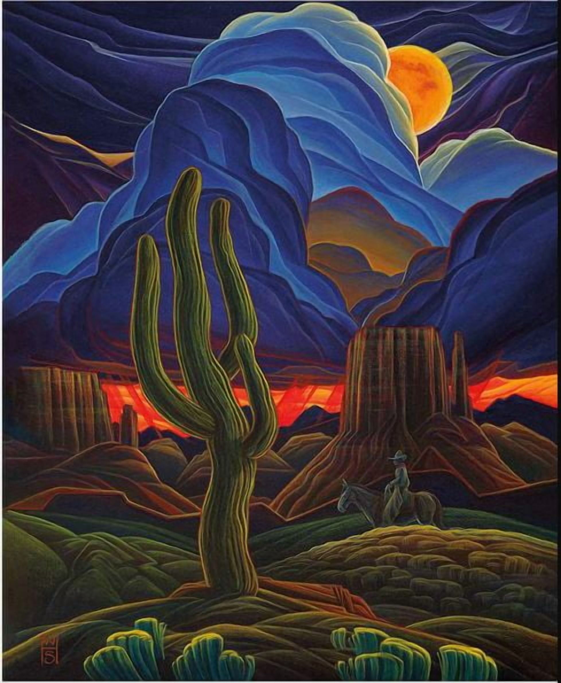 36" X 44" Panel Western Reflections Moonlit Trail Desert Cactus Cowboy ...